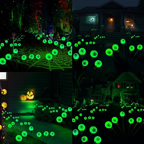 Halloween Decorations Outdoor - 2Pack 12LED Scary Solar Lights, Green Eyeball Firefly Lights, Swaying Waterproof Decor for Garden, Patio, Yard, Pathway