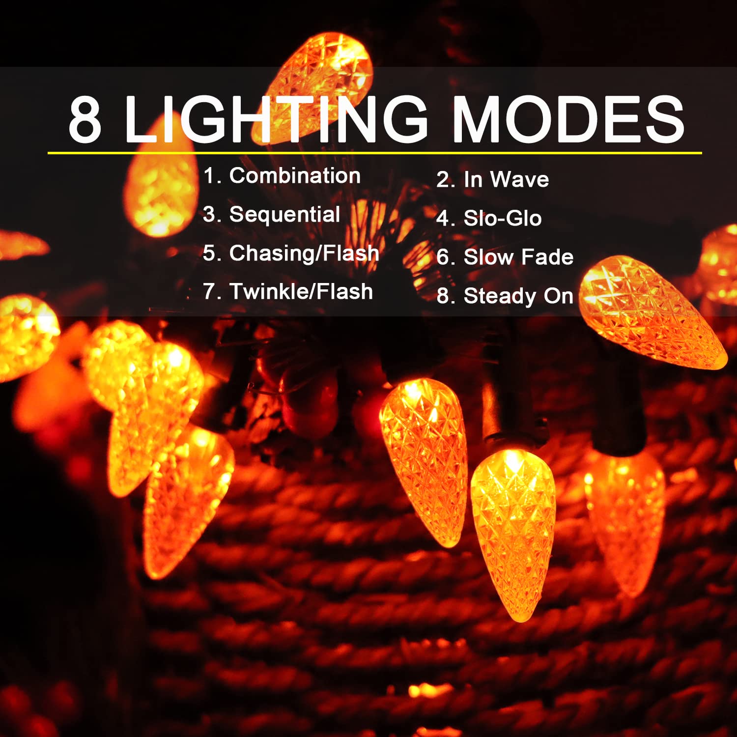 C6 Orange Halloween Lights, Waterproof 8 Mode Solar Halloween String Lights, 21Ft 50LED Orange Solar Christmas Lights C6 Strawberry Lights for Halloween Decoration Thanksgiving Day Christmas Holiday
