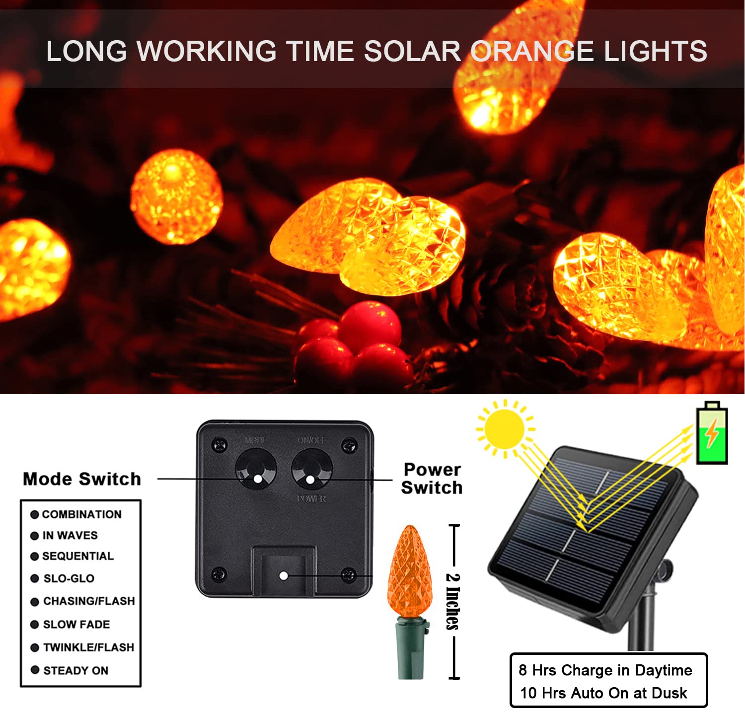 C6 Orange Halloween Lights, Waterproof 8 Mode Solar Halloween String Lights, 21Ft 50LED Orange Solar Christmas Lights C6 Strawberry Lights for Halloween Decoration Thanksgiving Day Christmas Holiday