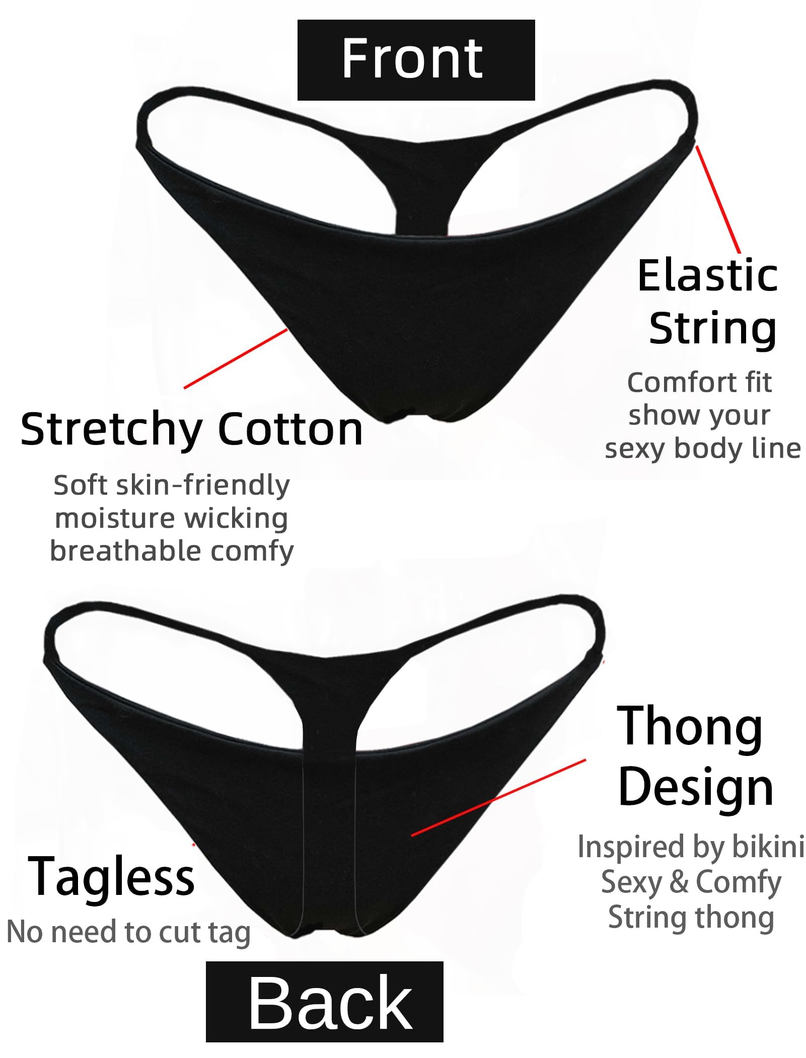 KUKU PANDA Cotton Thongs for Women Sexy Seamless Woman G String Panties 3 Pack Set (Black/Red/White, Medium)