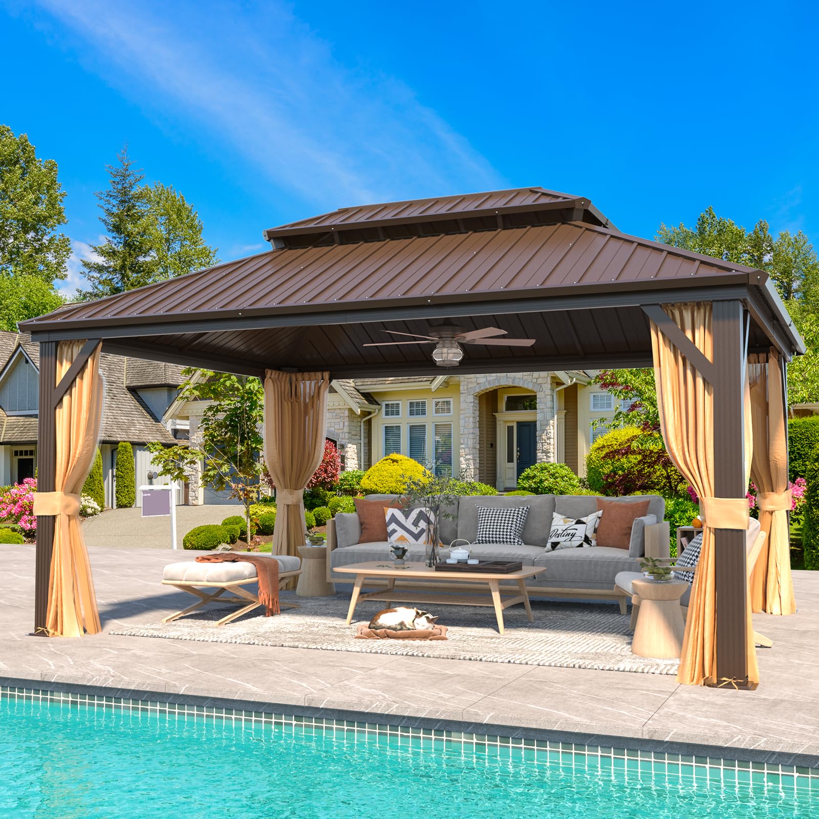 YOLENY 12' x 16' Gazebo, Hardtop Gazebo with Galvanized Steel Roof, Double Roof Gazebo with Aluminum Frame, Outdoor Gazebo with Curtains and Nettings, Sunshade for Gardens, Lawns, Deck