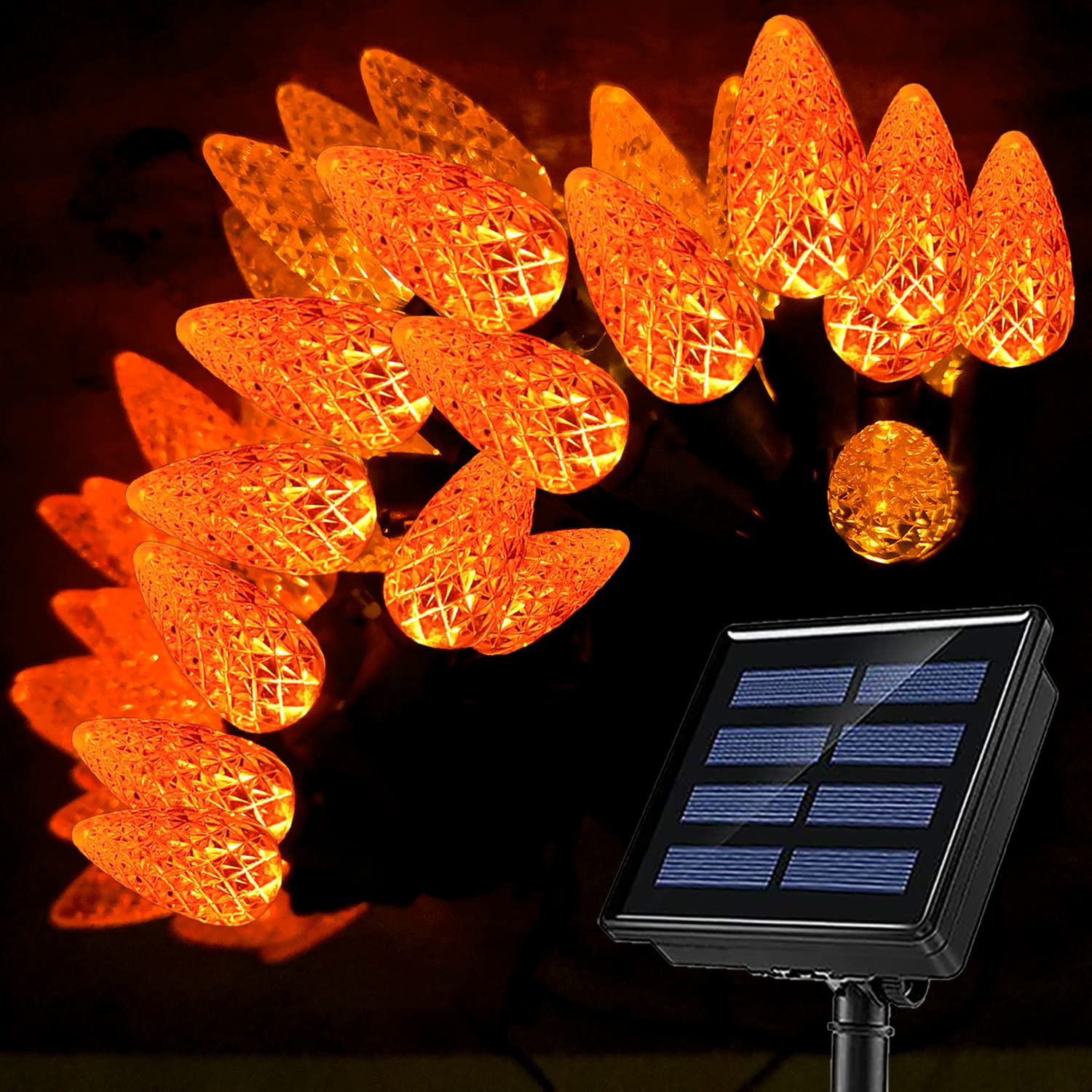 C6 Orange Halloween Lights, Waterproof 8 Mode Solar Halloween String Lights, 21Ft 50LED Orange Solar Christmas Lights C6 Strawberry Lights for Halloween Decoration Thanksgiving Day Christmas Holiday