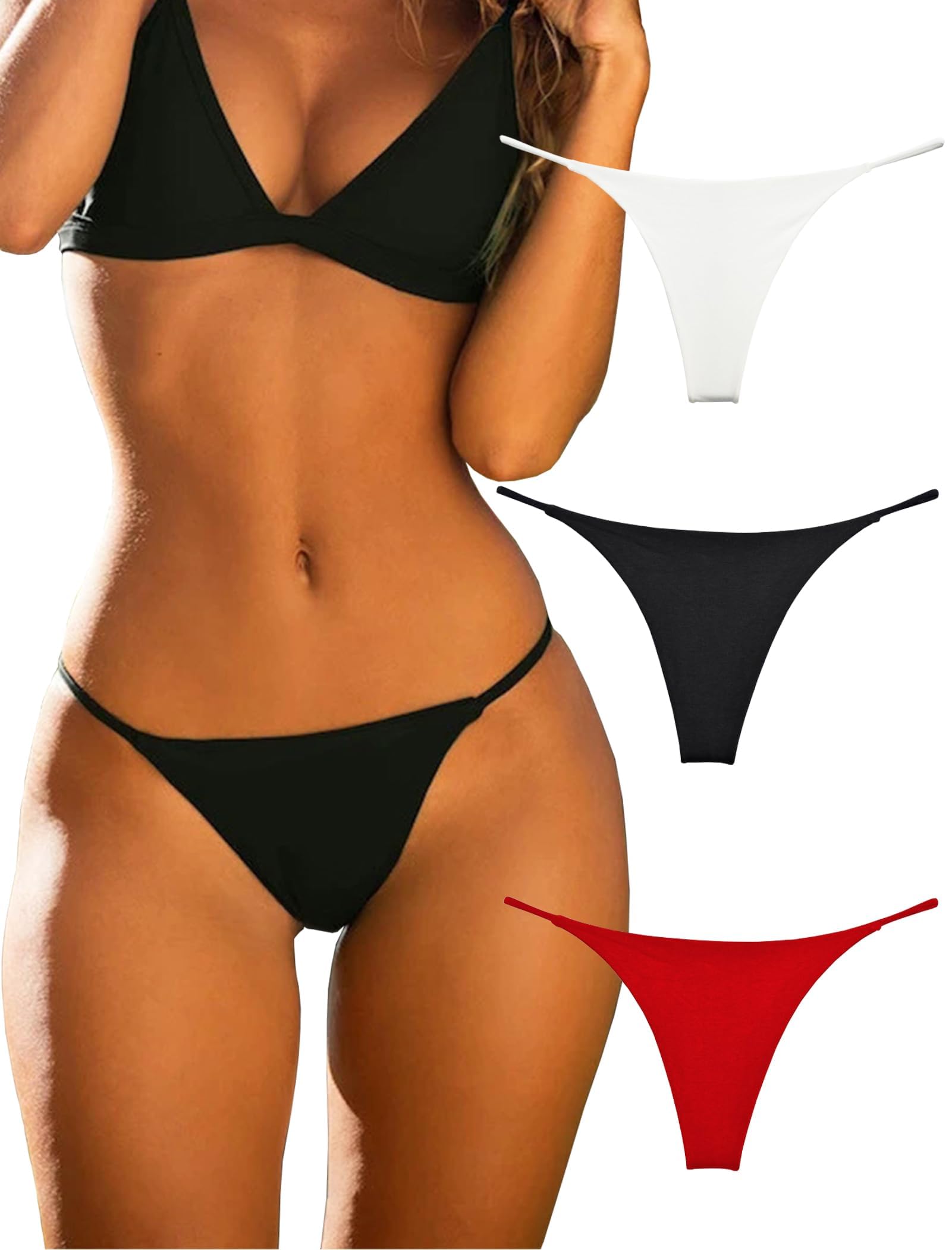 KUKU PANDA Cotton Thongs for Women Sexy Seamless Woman G String Panties 3 Pack Set (Black/Red/White, Medium)