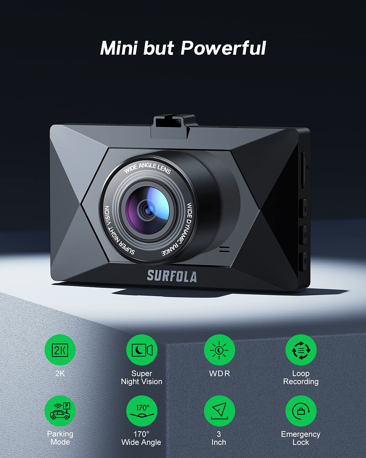 Mini Dash Cam - Front and Rear 2K Surfola Dual Car Camera 2560x1440P, 3" inch IPS Screen, 170° Wide Angle, Parking Mode, WDR, Accident Record