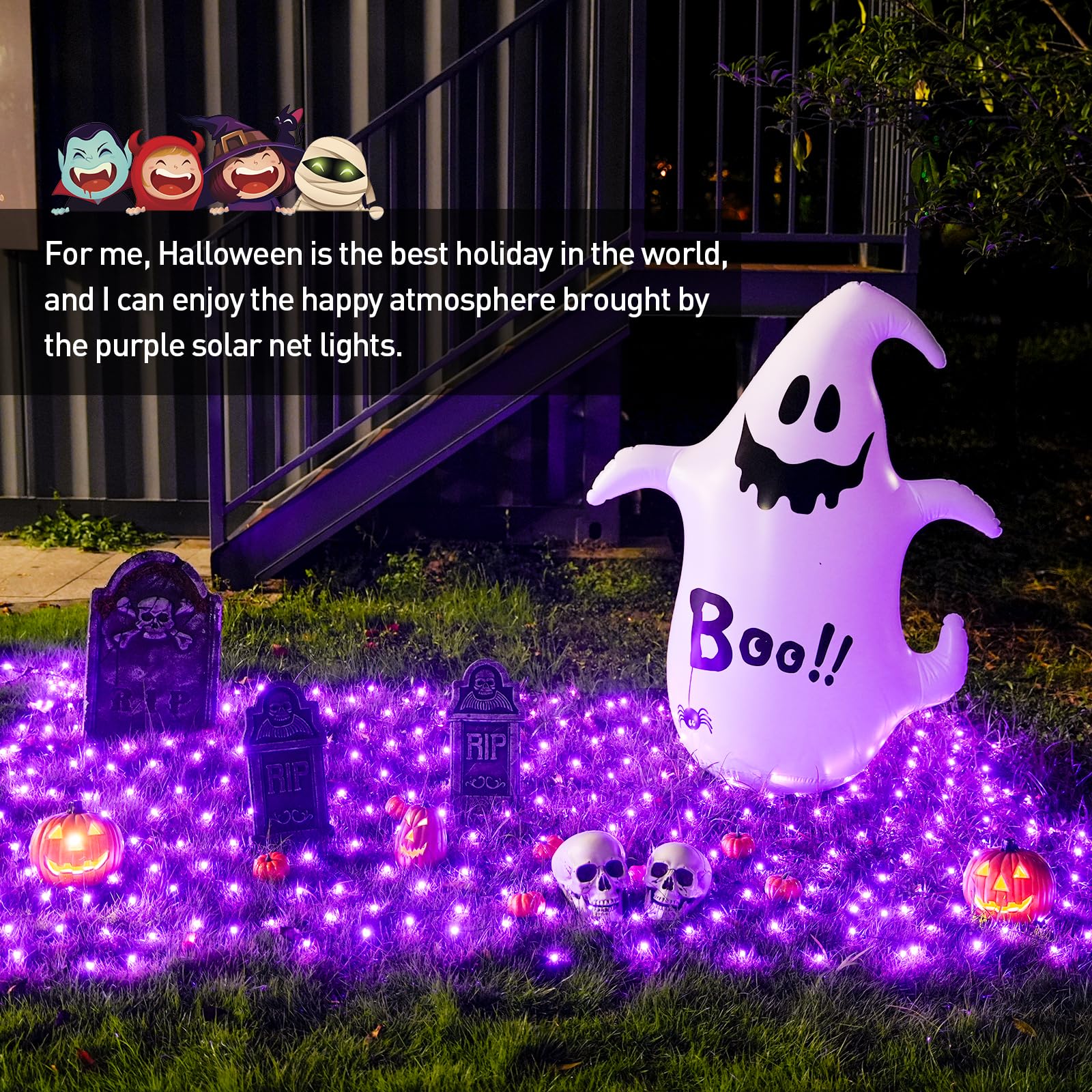 JMEXSUSS Purple Solar Halloween Lights Outdoor, 320 LED 9.8ft x 6.6ft Solar Net Lights Outdoor Waterproof, Purple Solar Lights with 8 Modes Remote for Halloween Decorations