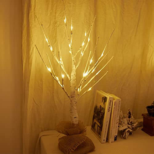 Lighted Birch Tree, 2pcs 24”H Tabletop Tree Light with Burlap Decor, Pre-Lit 24 LED Warm White Lights, Timer Function, Money Tree Perfect for Spring Home Centerpiece Decor, Indoor&Outdoor Use