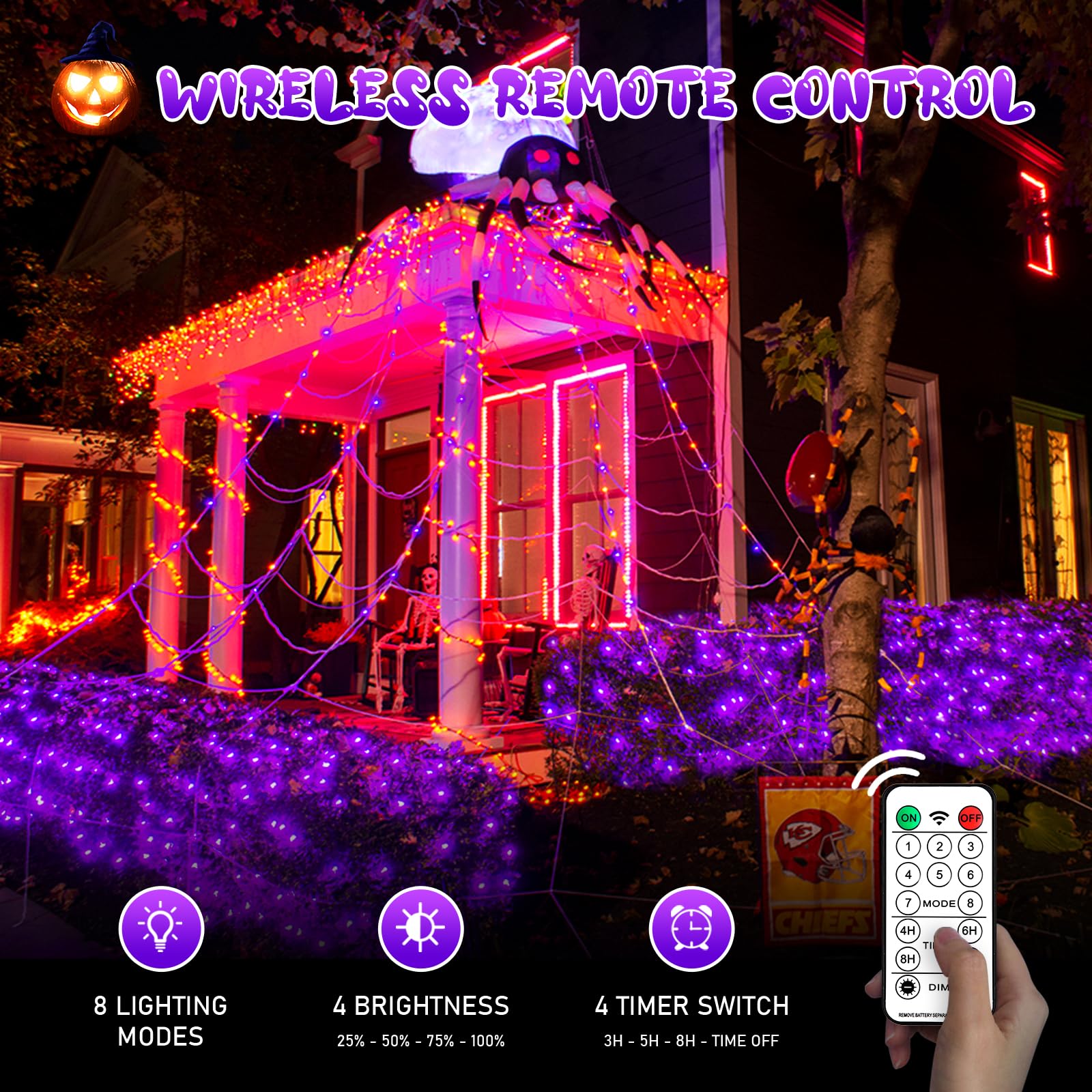 JMEXSUSS Purple Solar Halloween Lights Outdoor, 320 LED 9.8ft x 6.6ft Solar Net Lights Outdoor Waterproof, Purple Solar Lights with 8 Modes Remote for Halloween Decorations