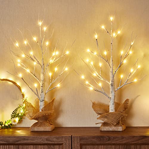 Lighted Birch Tree, 2pcs 24âH Tabletop Tree Light with Burlap Decor, Pre-Lit 24 LED Warm White Lights, Timer Function, Money Tree Perfect for Spring Home Centerpiece Decor, Indoor&Outdoor Use