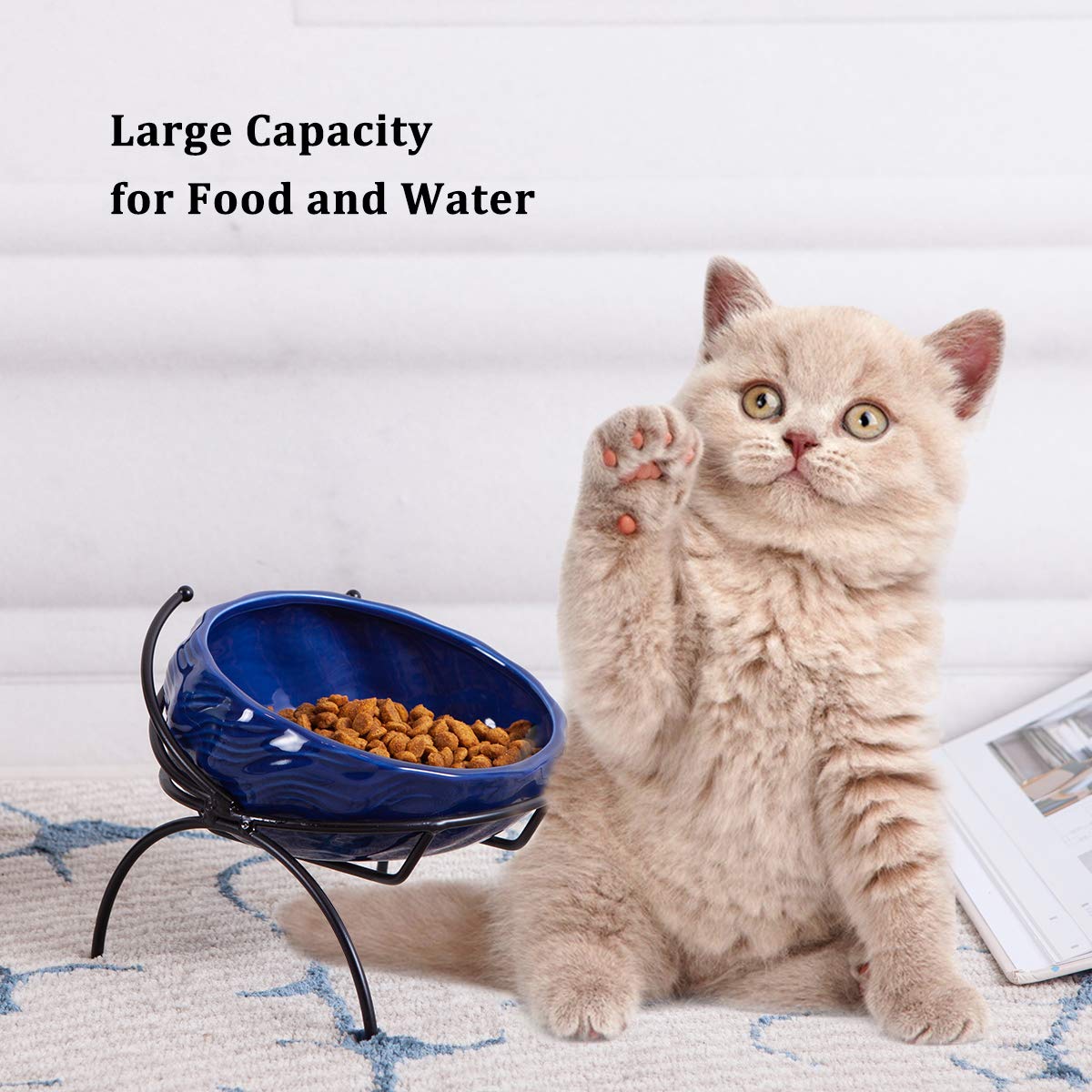Jemirry Ceramic Elevated Cat Bowl Anti Vomiting, 15° Tilted Food and Water Cat Bowl Set, Raised Pet Bowl with Non-Slip Stand for Cat and Dog, Protect Pet's Spine, Microwave Dishwasher Safe (Sea Blue)