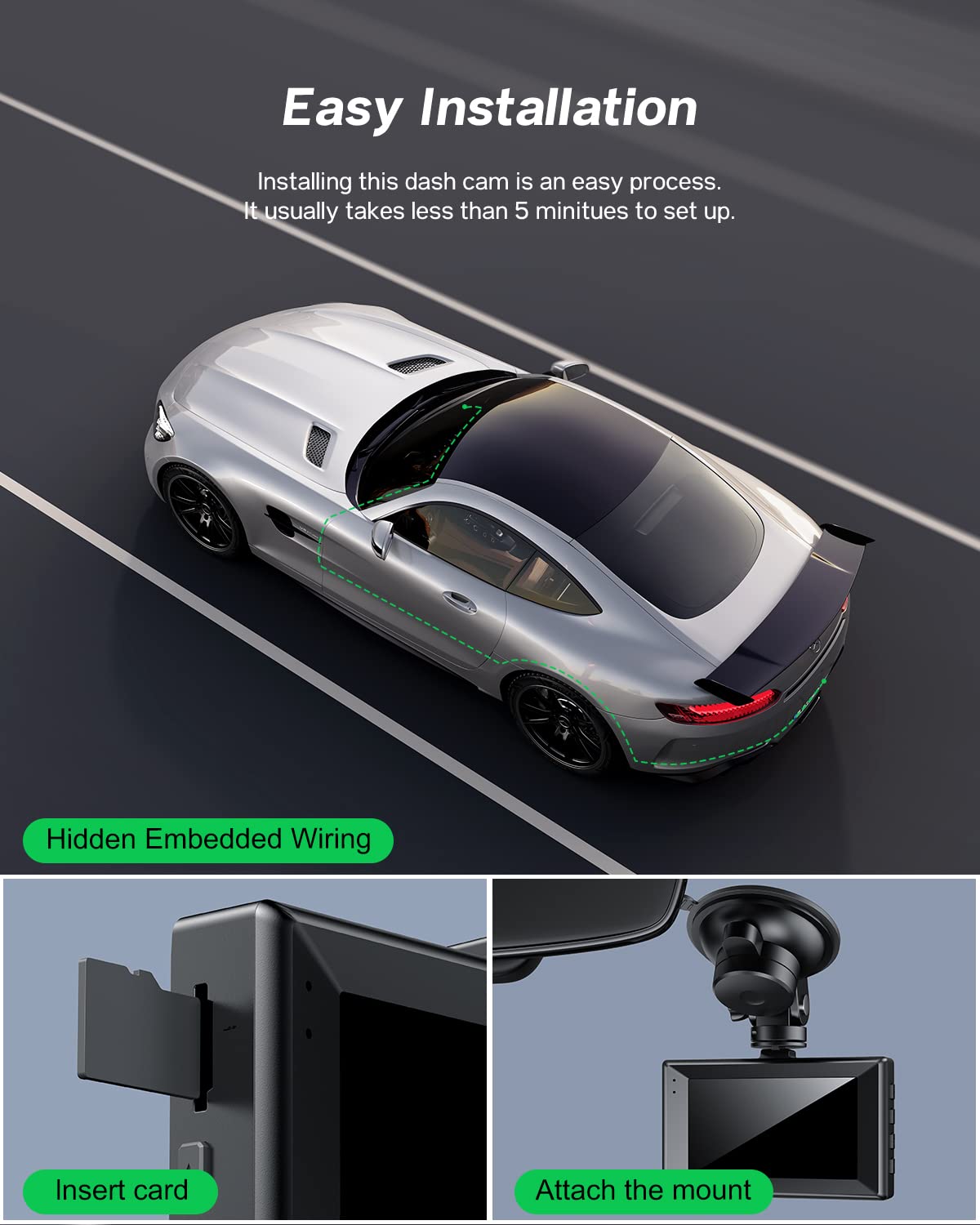 Mini Dash Cam - Front and Rear 2K Surfola Dual Car Camera 2560x1440P, 3" inch IPS Screen, 170° Wide Angle, Parking Mode, WDR, Accident Record