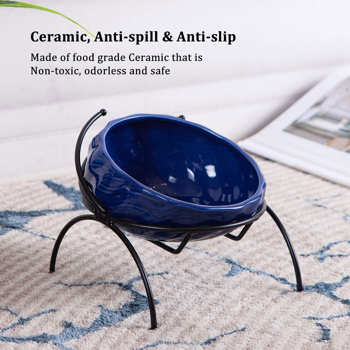 Jemirry Ceramic Elevated Cat Bowl Anti Vomiting, 15° Tilted Food and Water Cat Bowl Set, Raised Pet Bowl with Non-Slip Stand for Cat and Dog, Protect Pet's Spine, Microwave Dishwasher Safe (Sea Blue)