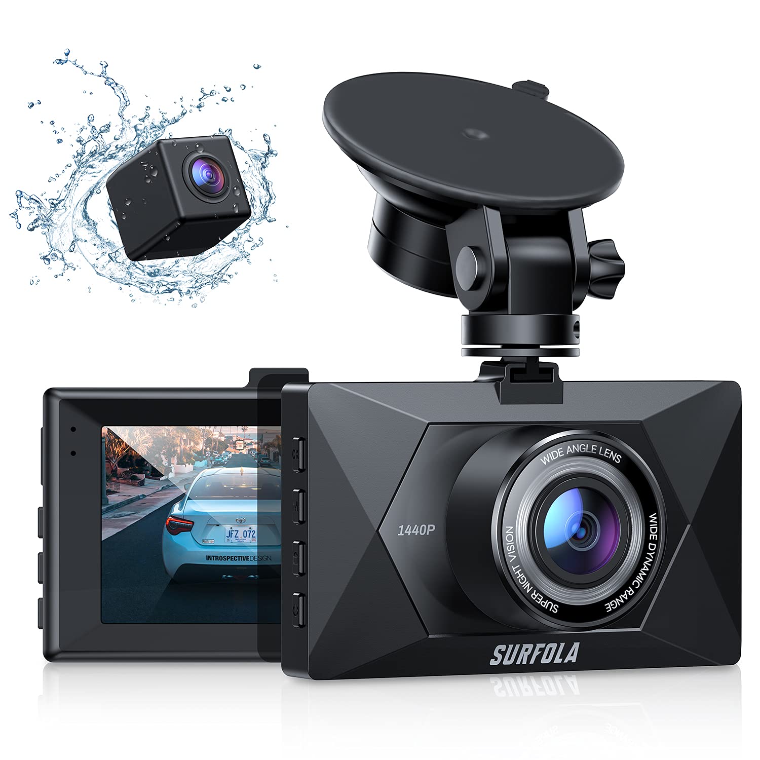 Mini Dash Cam - Front and Rear 2K Surfola Dual Car Camera 2560x1440P, 3" inch IPS Screen, 170° Wide Angle, Parking Mode, WDR, Accident Record
