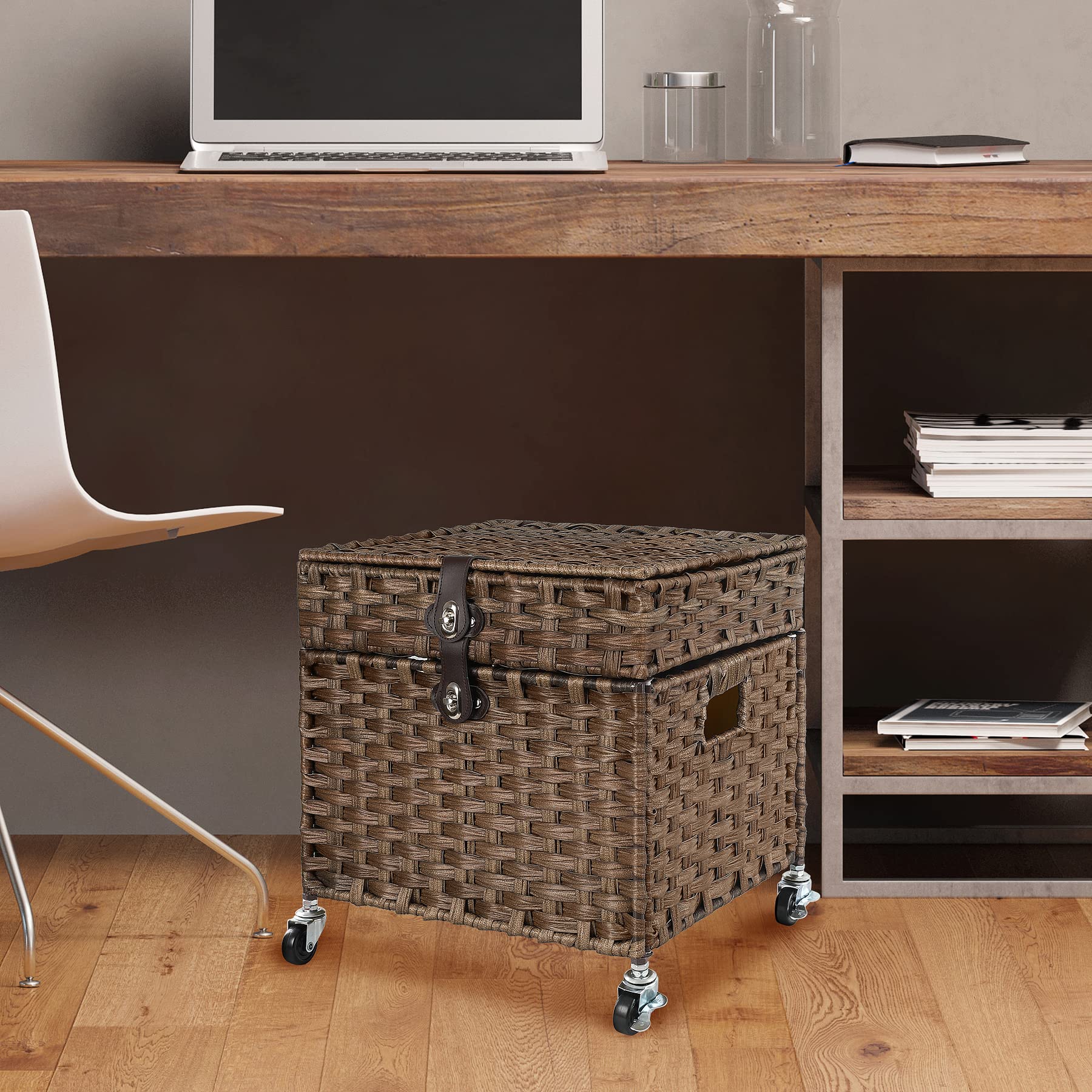 ETRONIK Rolling File Cabinet, Updated 2 Layer File Cabinets for Home Office, Hand Woven File Box with Wheels, File Organizer for Hanging Letter Size Folder, Home Decorative Document Basket, Brown