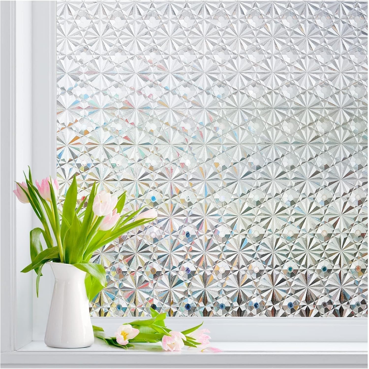 Windimiley Window Privacy Film, Stained Glass Window Film Heat Control UV, Frosted Rainbow Bathroom Decorative Film Diamond 3D Static Clings, Peel and Stick Window Tint for Home (Pure,17.5x78.7inch)