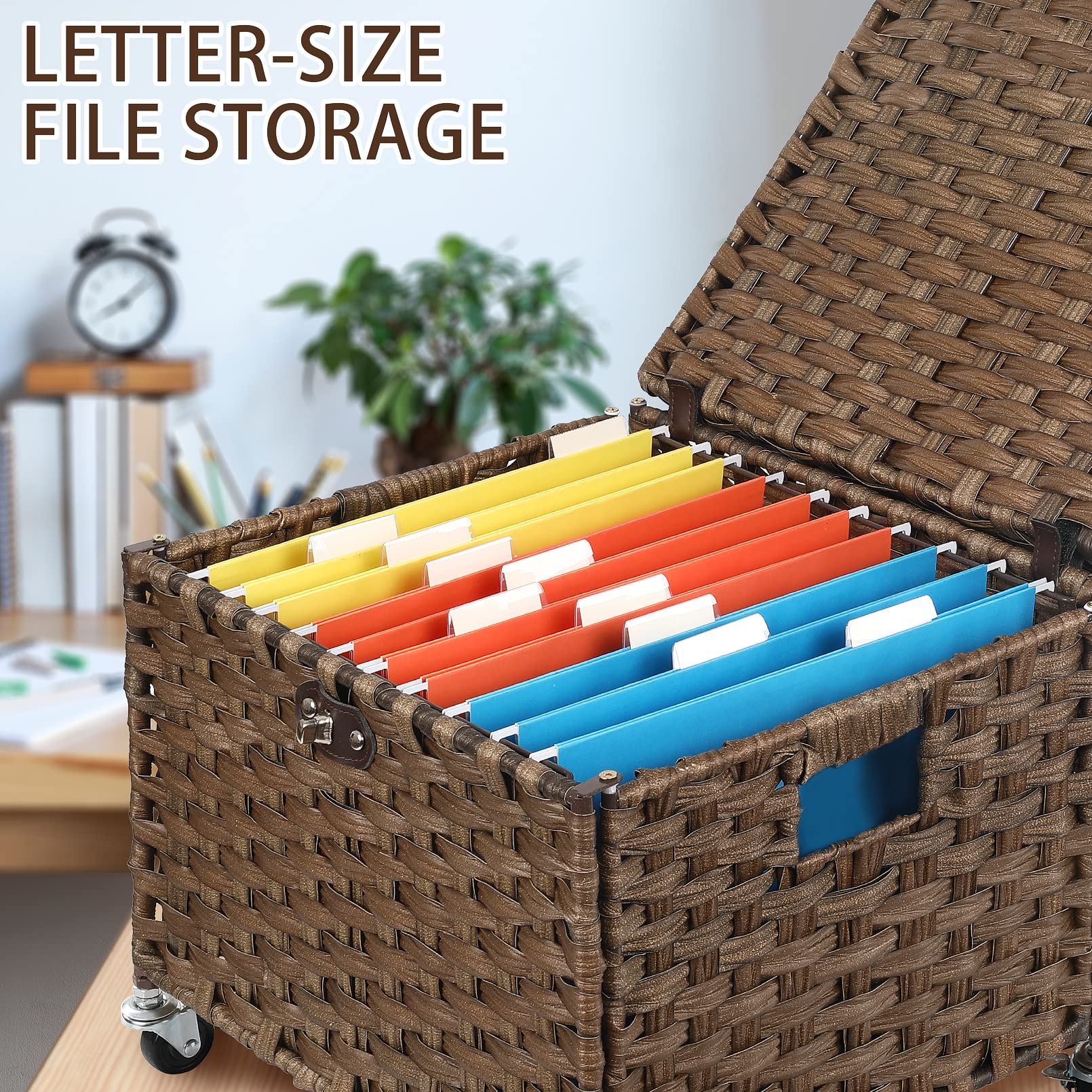 ETRONIK Rolling File Cabinet, Updated 2 Layer File Cabinets for Home Office, Hand Woven File Box with Wheels, File Organizer for Hanging Letter Size Folder, Home Decorative Document Basket, Brown