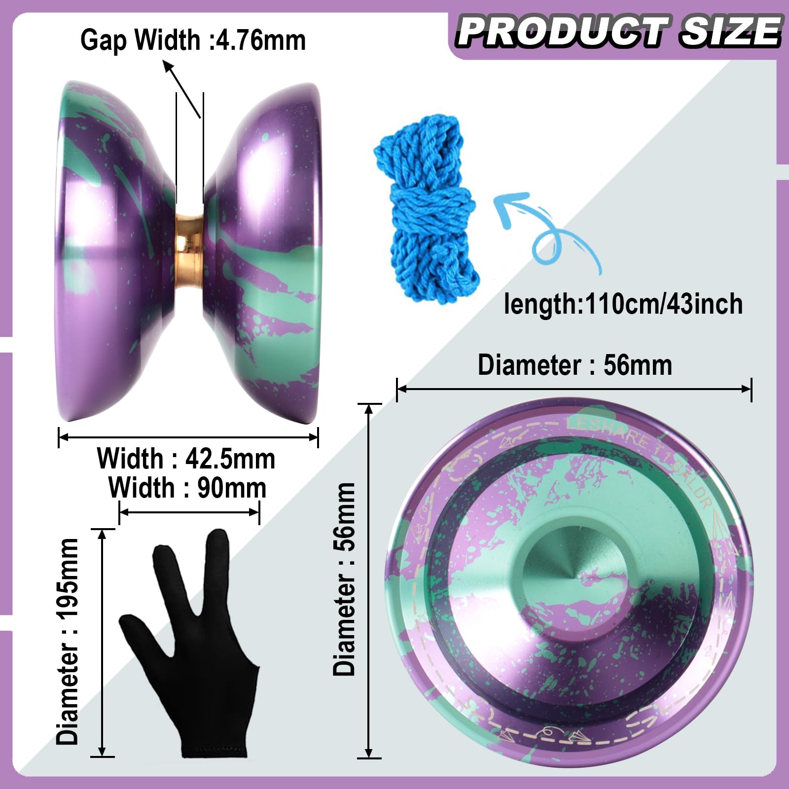 JOLESHARE Professional Unresponsive Yoyo for Pros and Responsive Yoyos for Kids Beginners, Package Includes Replaceable Responsive Bearings, yo-yo Gloves, and 5 yo-yo Cords(Purple Green)