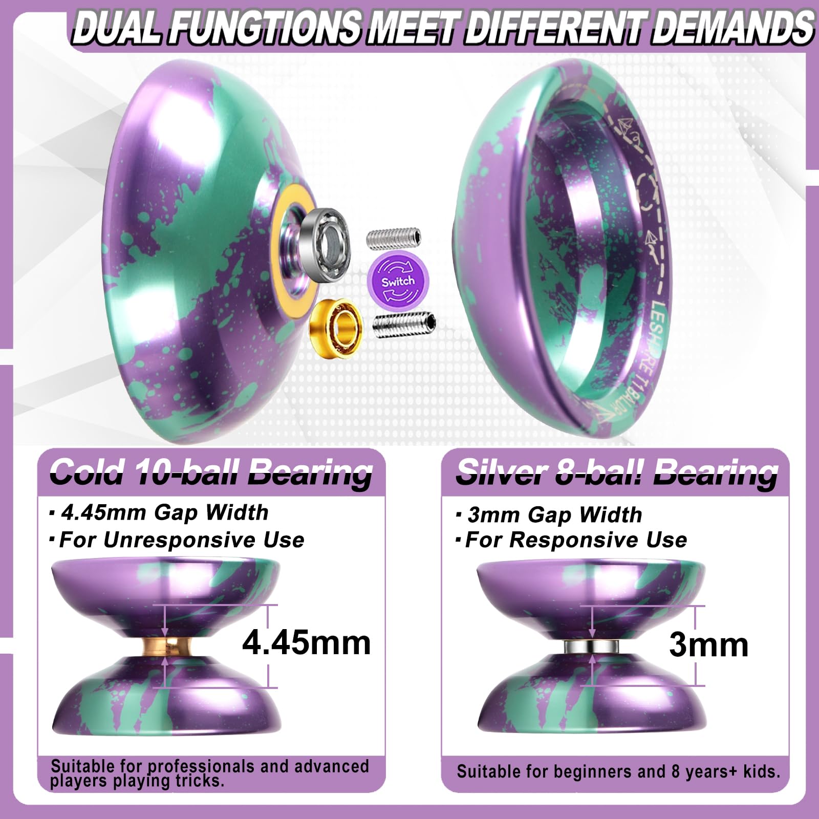 JOLESHARE Professional Unresponsive Yoyo for Pros and Responsive Yoyos for Kids Beginners, Package Includes Replaceable Responsive Bearings, yo-yo Gloves, and 5 yo-yo Cords(Purple Green)