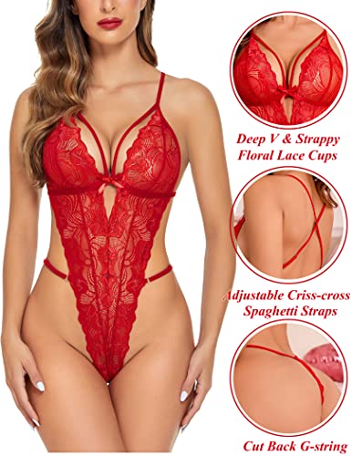 Avidlove Women One Piece Lingerie Sexy Deep V Teddy Lace Bodysuit (Red, X-Large)