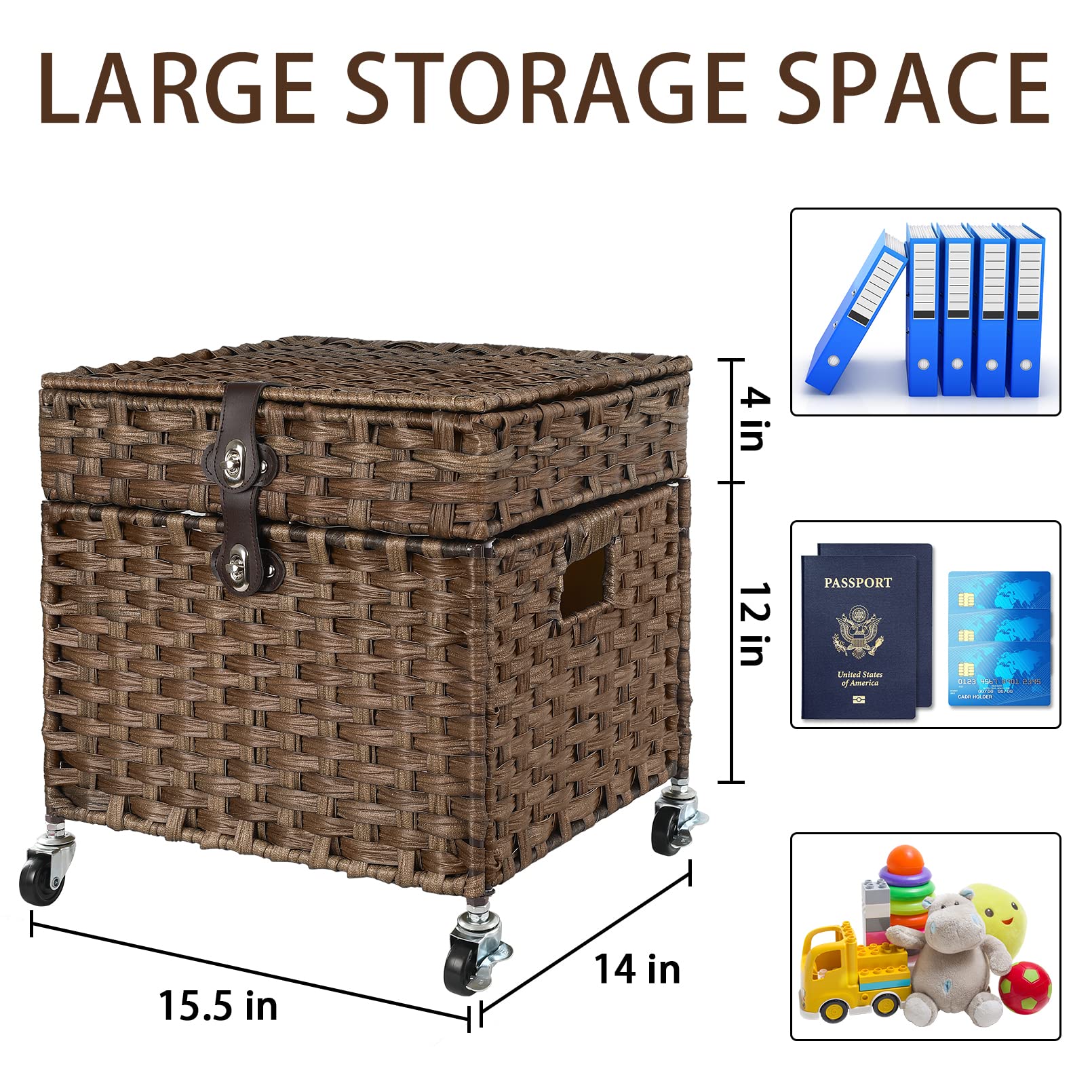 ETRONIK Rolling File Cabinet, Updated 2 Layer File Cabinets for Home Office, Hand Woven File Box with Wheels, File Organizer for Hanging Letter Size Folder, Home Decorative Document Basket, Brown