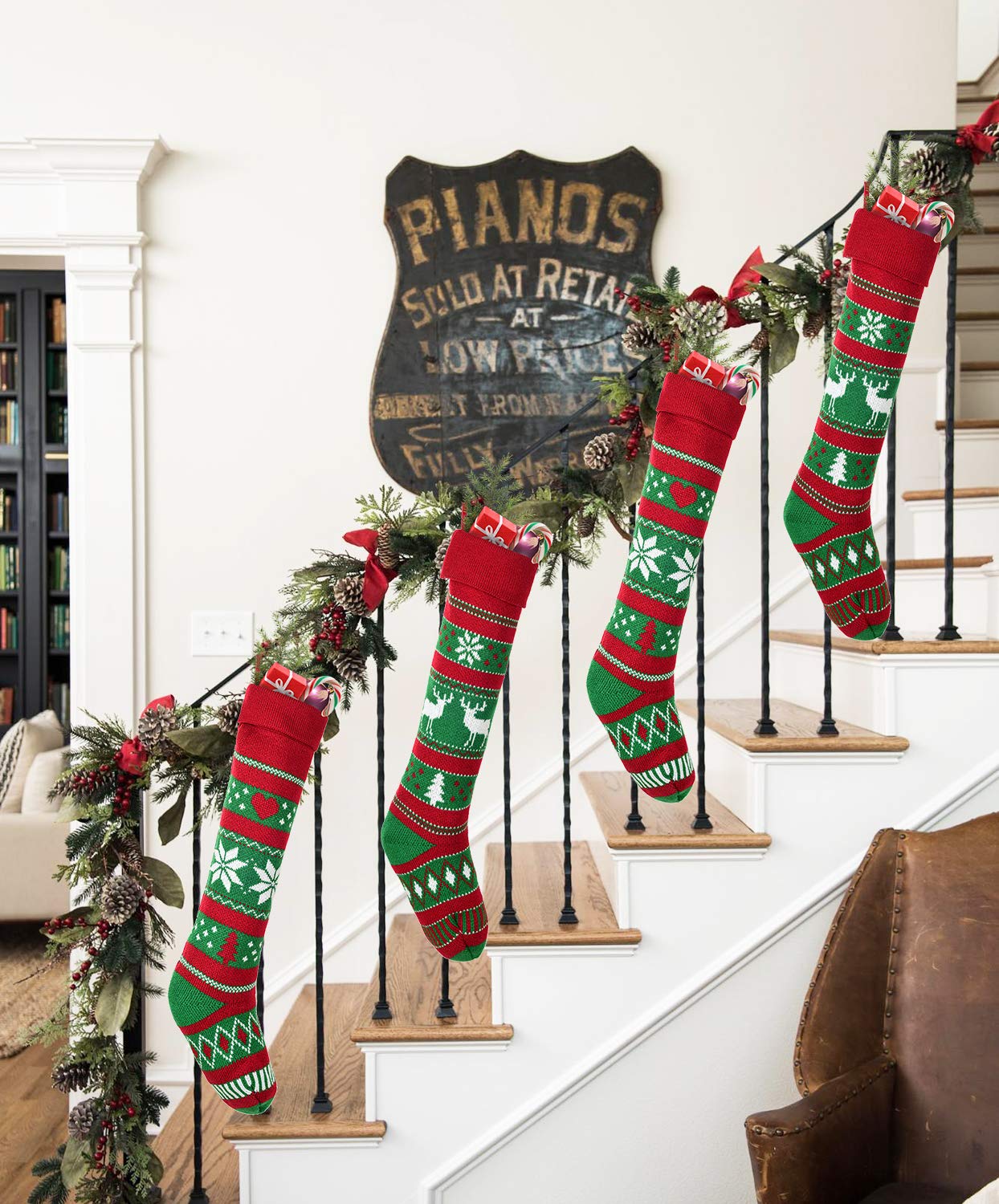 DearHouse 4 Pack Knit Christmas Stockings, 25 Inch Extra Long Stripe Snowflake Knit Knitted Xmas Rustic Personalized Large Stocking Decorations for Family Holiday Season Decor, Green