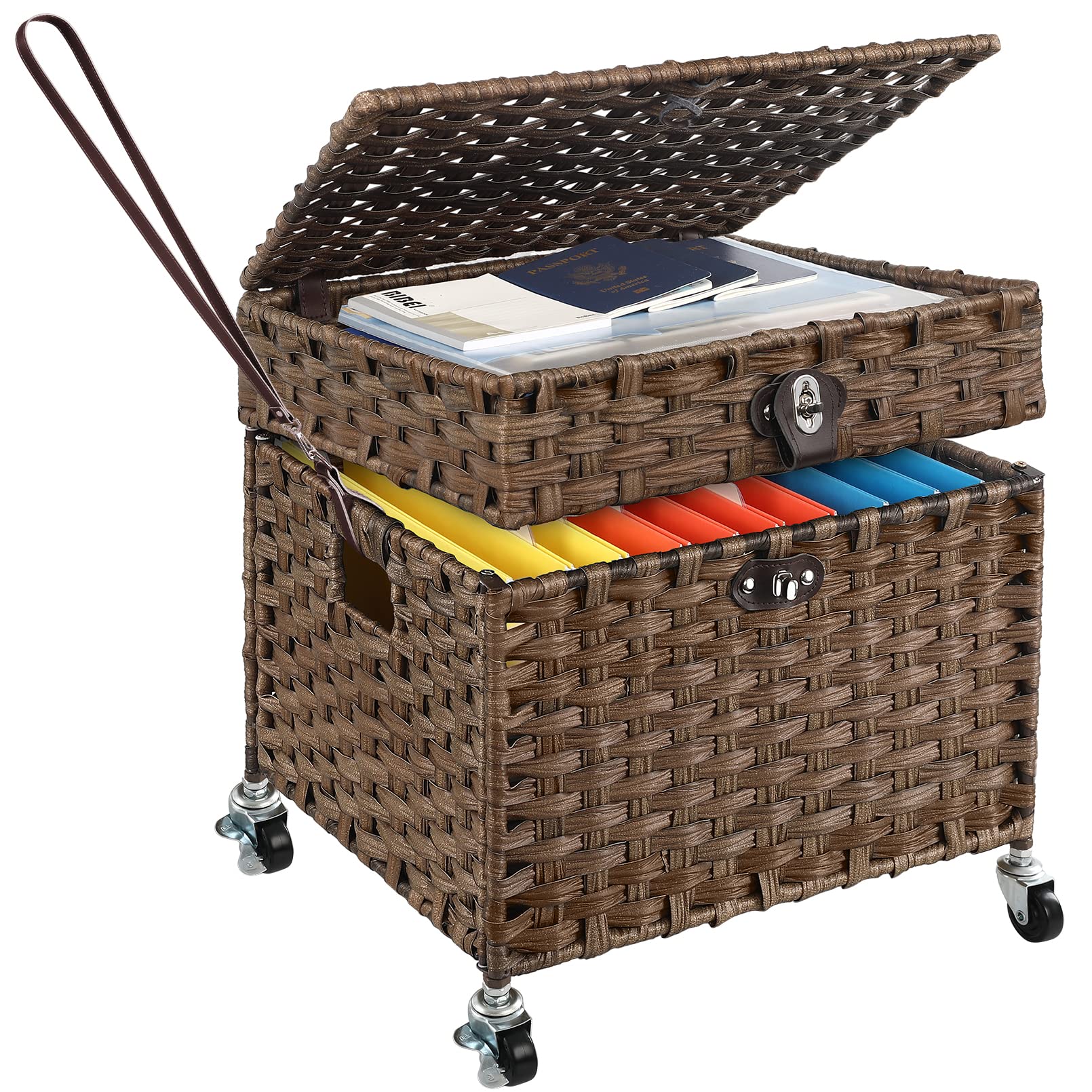 ETRONIK Rolling File Cabinet, Updated 2 Layer File Cabinets for Home Office, Hand Woven File Box with Wheels, File Organizer for Hanging Letter Size Folder, Home Decorative Document Basket, Brown