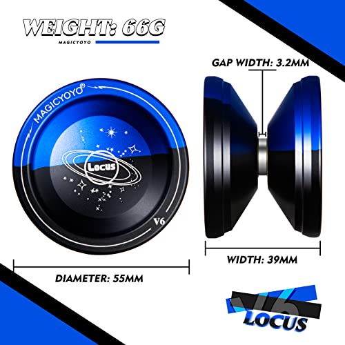 MAGICYOYO Responsive V6 Black Blue Aluminum YoYo for Kids Beginner Learner with 1 Yoyo Storage Bag, 1 Unresponsive Bearing Kit, 12 Yoyo Strings