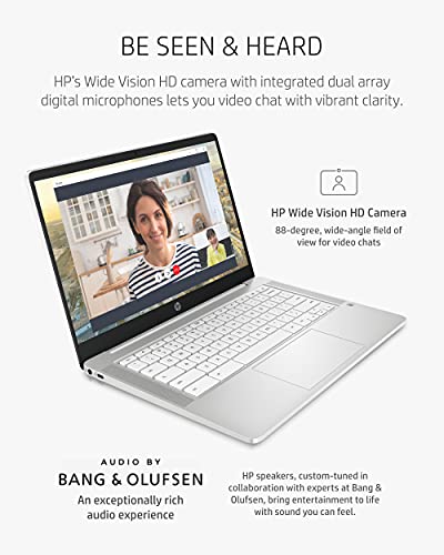 HP Chromebook 14 Laptop, Intel Celeron N4000 Processor, 4 GB RAM, 32 GB eMMC, 14โ HD Display, Chrome, Lightweight Computer with Webcam and Dual Mics, Home, School, Music, Movies (14a-na0021nr, 2021)
