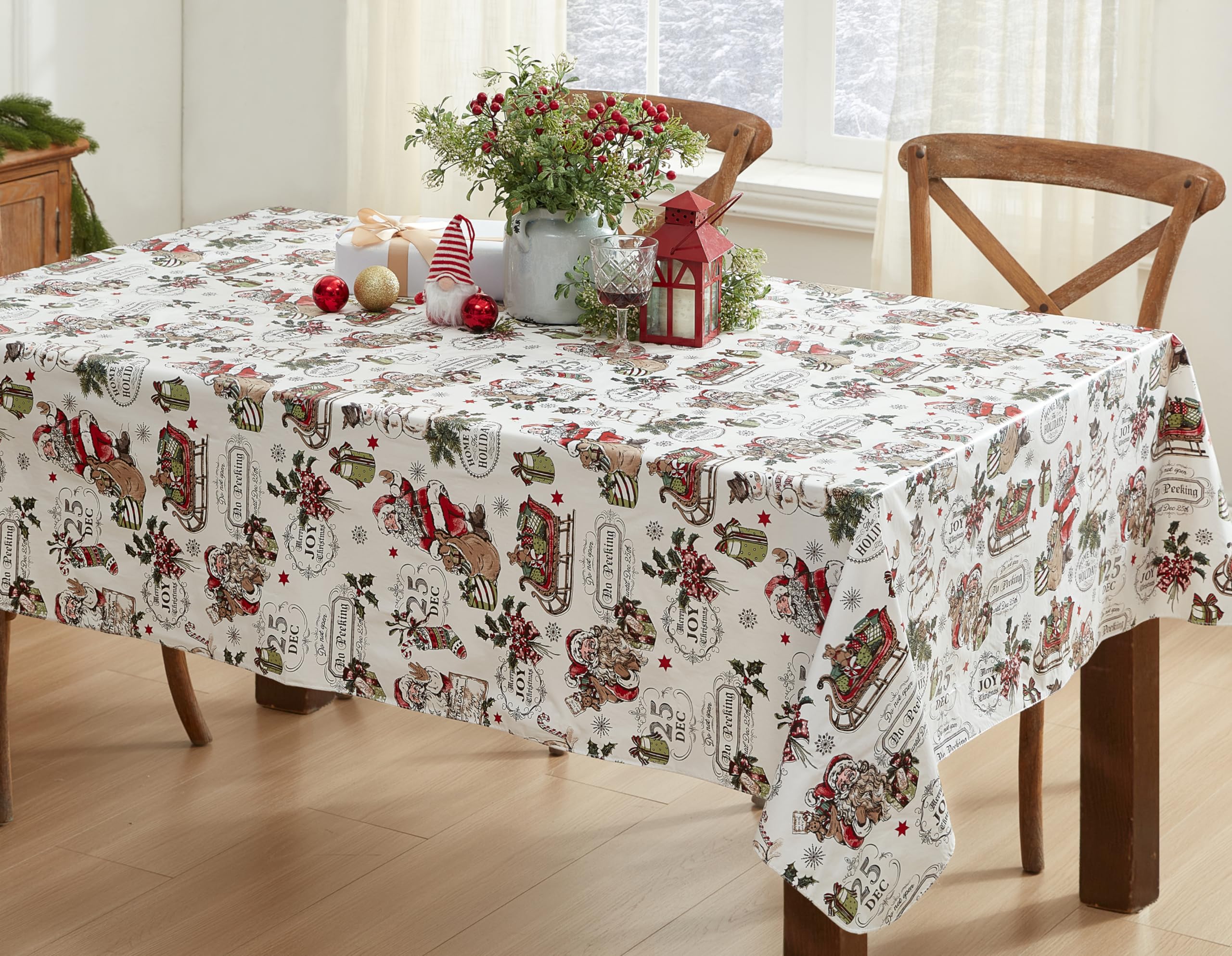 Newbridge Vintage Nostalgia Home for Holidays Print Flannel Back Vinyl Christmas Tablecloth - Vintage Santa Claus, Snowman and Sleigh Xmas Wipe Clean Easy Care Tablecloth, 52" x 52" Square