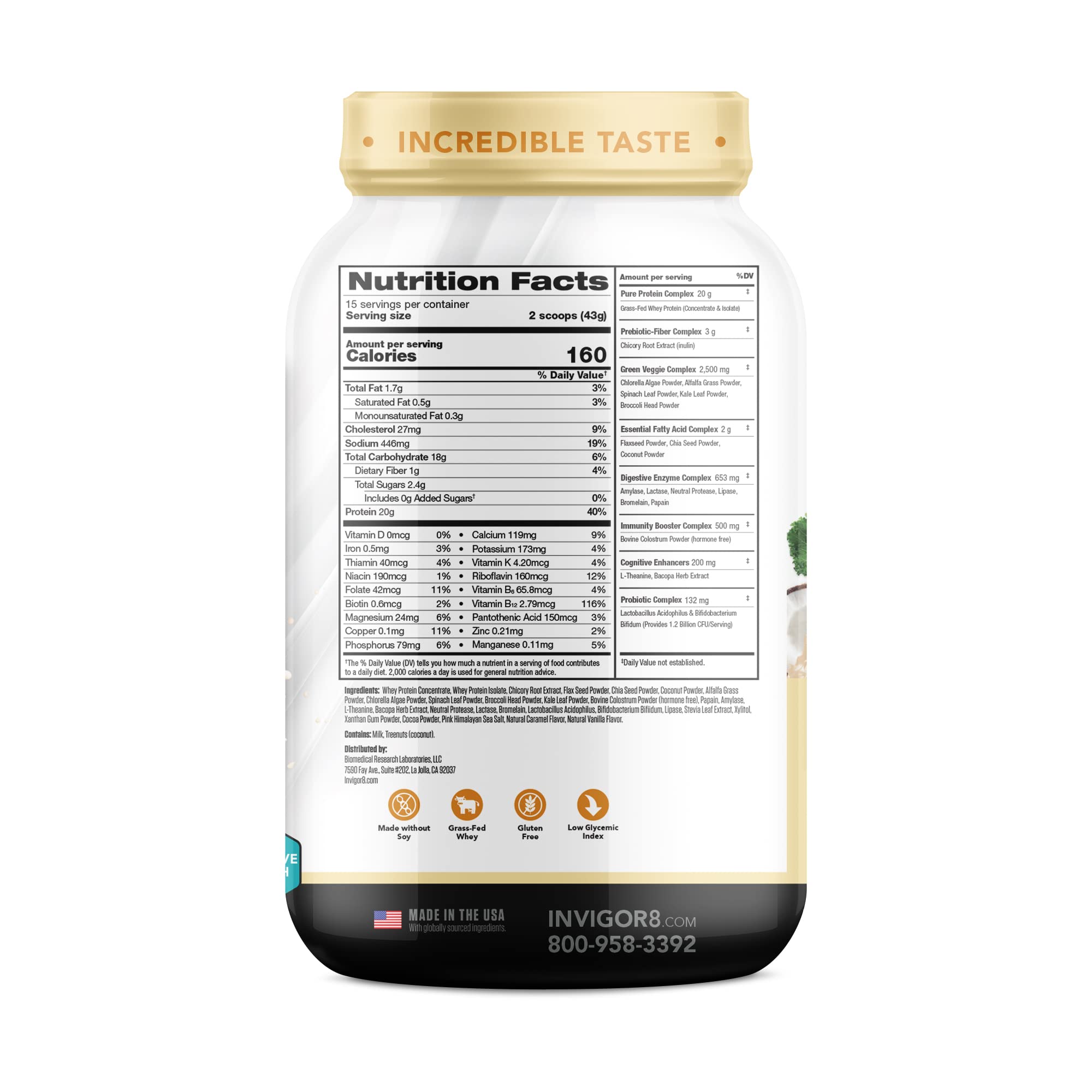 INVIGOR8 Superfood Shake (Vanilla & Salted Caramel Bundle) Gluten-Free Non GMO Meal Replacement Grass-Fed Whey Protein Shake with Probiotics and Omega 3 (1290g)