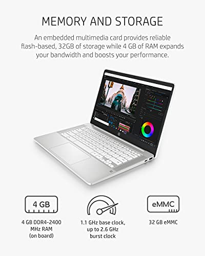 HP Chromebook 14 Laptop, Intel Celeron N4000 Processor, 4 GB RAM, 32 GB eMMC, 14โ HD Display, Chrome, Lightweight Computer with Webcam and Dual Mics, Home, School, Music, Movies (14a-na0021nr, 2021)