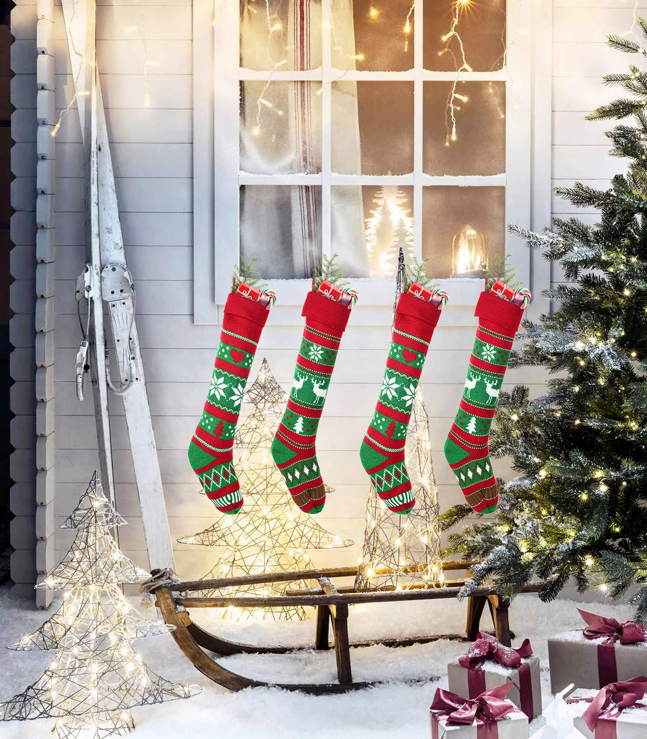 DearHouse 4 Pack Knit Christmas Stockings, 25 Inch Extra Long Stripe Snowflake Knit Knitted Xmas Rustic Personalized Large Stocking Decorations for Family Holiday Season Decor, Green