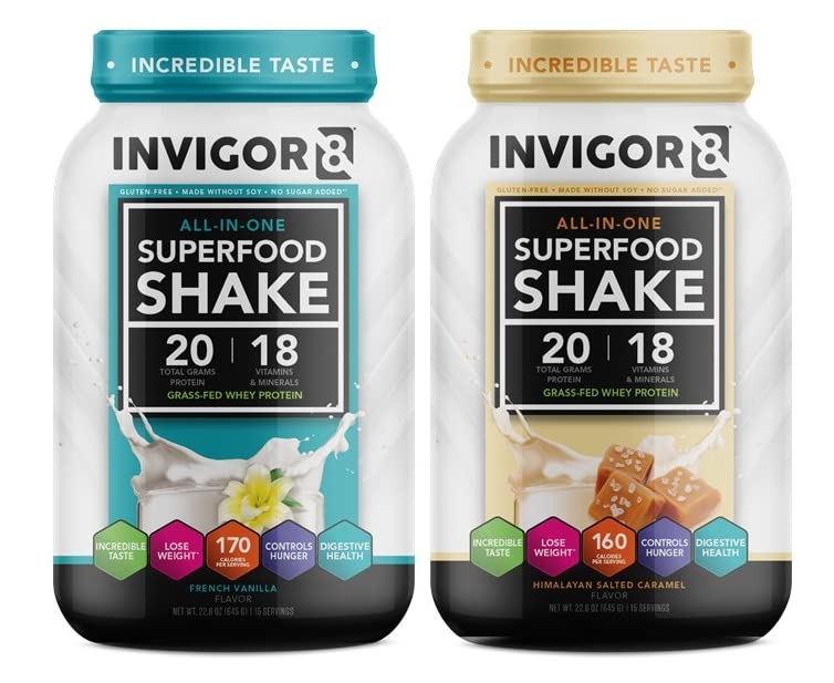INVIGOR8 Superfood Shake (Vanilla & Salted Caramel Bundle) Gluten-Free Non GMO Meal Replacement Grass-Fed Whey Protein Shake with Probiotics and Omega 3 (1290g)