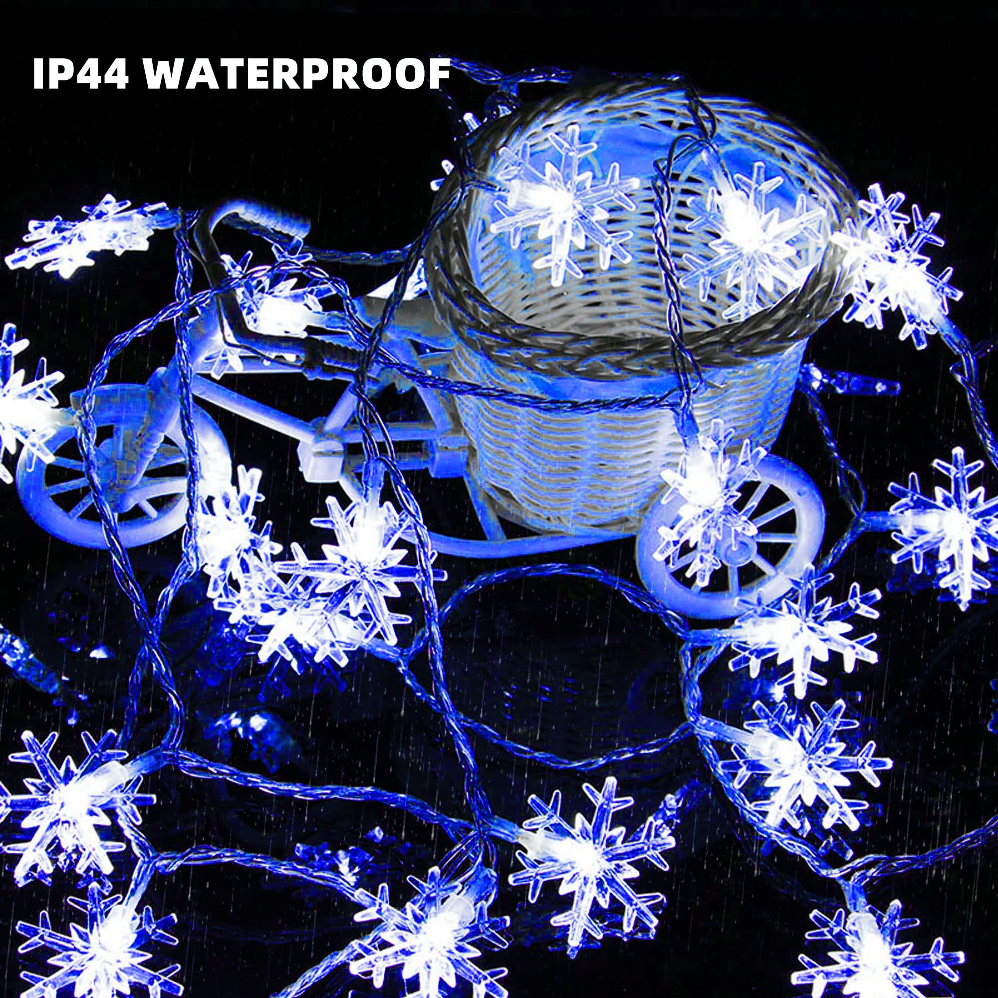 Dazzle Bright Christmas Snowflake String Lights, 2 Pack Total 100LED 50FT Battery Operated Christmas Lights with 8 Lighting Modes for Indoor Outdoor Xmas Tree Party Decorations, Blue