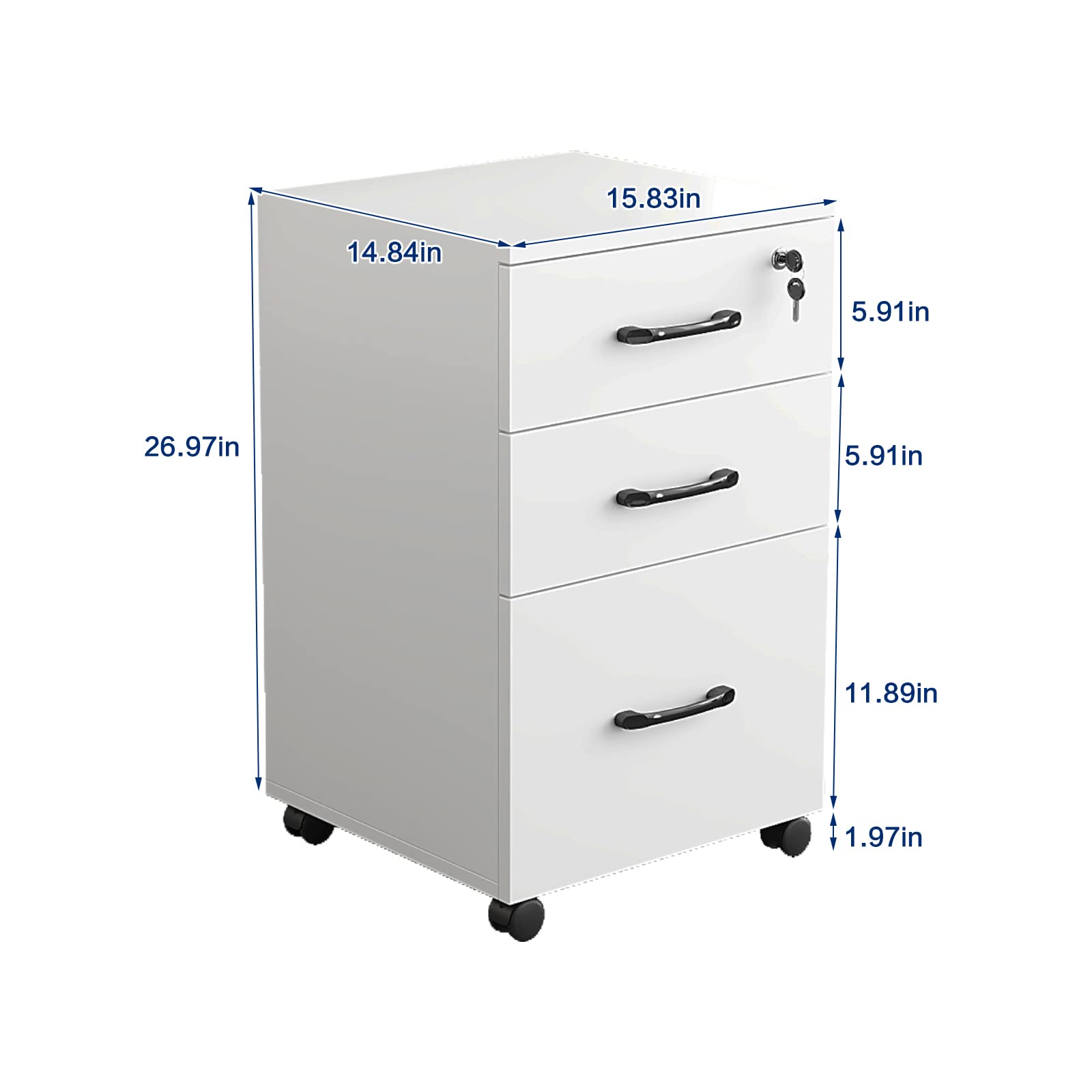 YQ JENMW 3 Drawers File Cabinet, Rolling Mobile Vertical Filing Cabinet with Lock, Wood Under Desk File Cabinet with Wheels for Supplies Files, and Materials,Mobile File Cabinet for Home Office,White