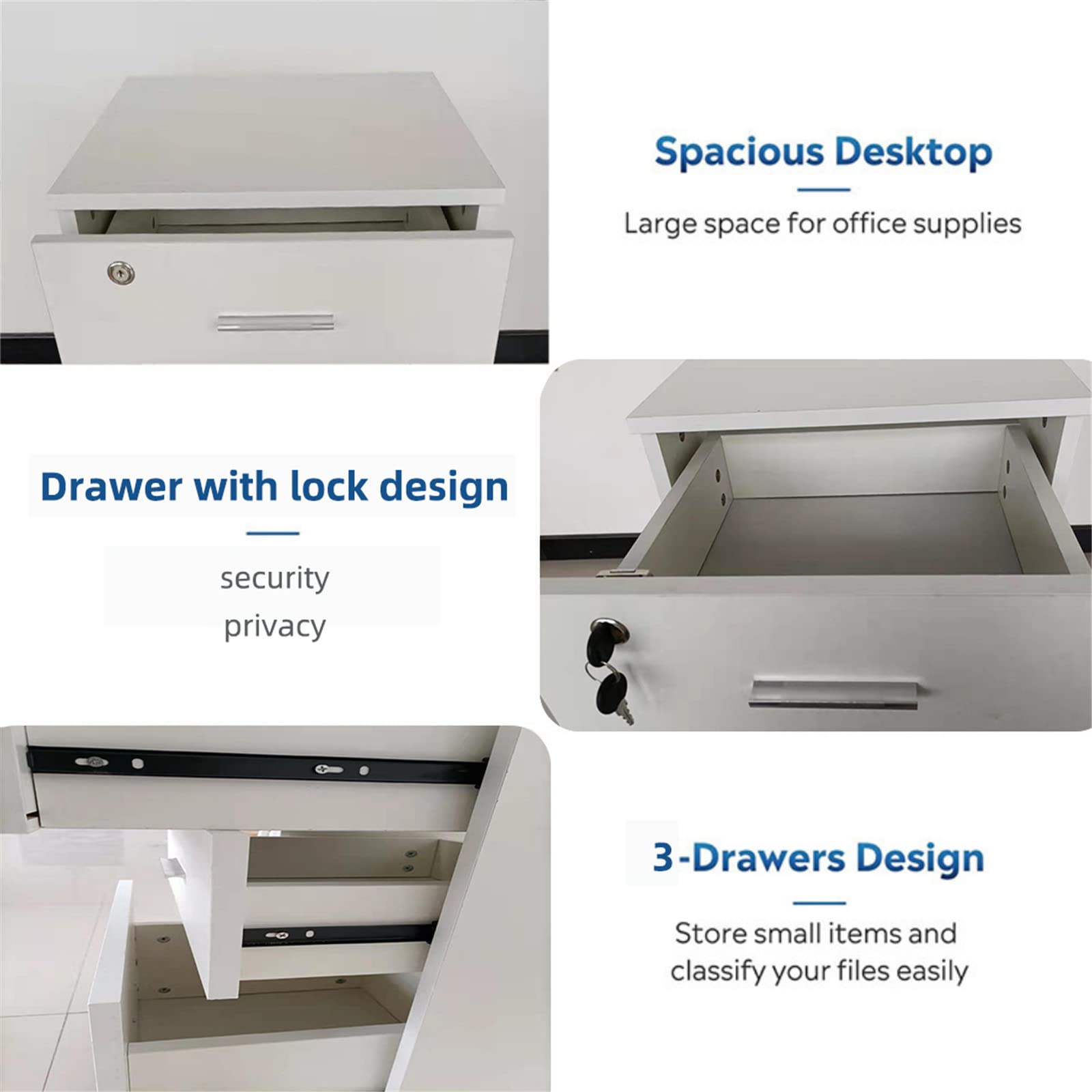 YQ JENMW 3 Drawers File Cabinet, Rolling Mobile Vertical Filing Cabinet with Lock, Wood Under Desk File Cabinet with Wheels for Supplies Files, and Materials,Mobile File Cabinet for Home Office,White