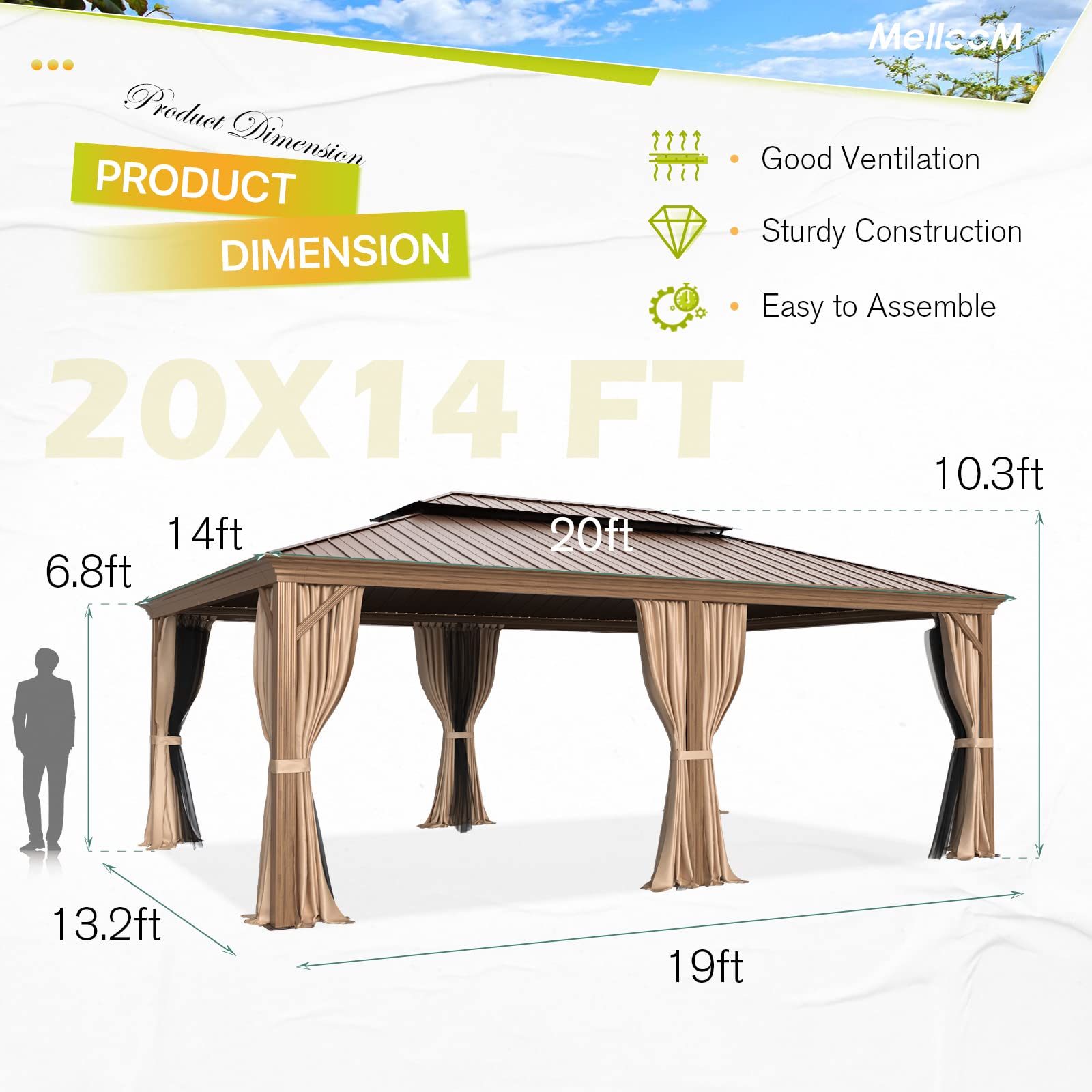 MELLCOM 14'x20' Gazebo, Galvanized Steel Double Roof with Wood Grain Aluminum Frame, Outdoor Permanent Metal Pavilion with Curtains and Nettings for Patio, Backyard and Deck