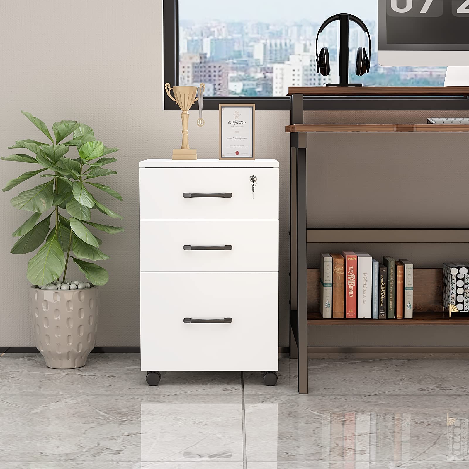 YQ JENMW 3 Drawers File Cabinet, Rolling Mobile Vertical Filing Cabinet with Lock, Wood Under Desk File Cabinet with Wheels for Supplies Files, and Materials,Mobile File Cabinet for Home Office,White