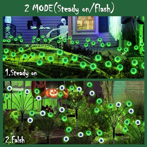 Halloween Decorations Outdoor Solar Lights, 2PACKS 12LED Green Eyeball Swaying Firefly Lights, Waterproof Solar Halloween Pathway Lights for Yard, Garden, Lawn, Lawn, Party