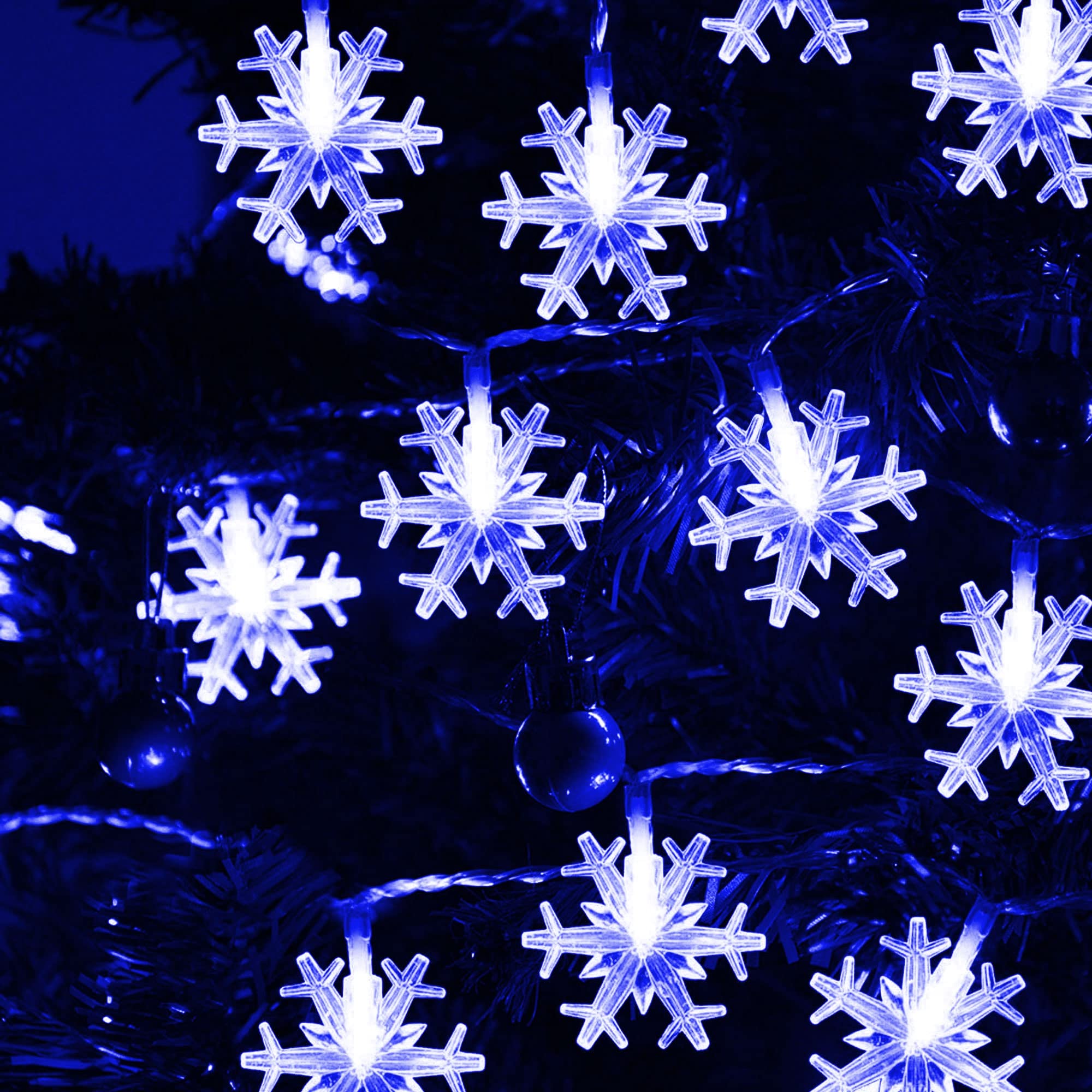 Dazzle Bright Christmas Snowflake String Lights, 2 Pack Total 100LED 50FT Battery Operated Christmas Lights with 8 Lighting Modes for Indoor Outdoor Xmas Tree Party Decorations, Blue