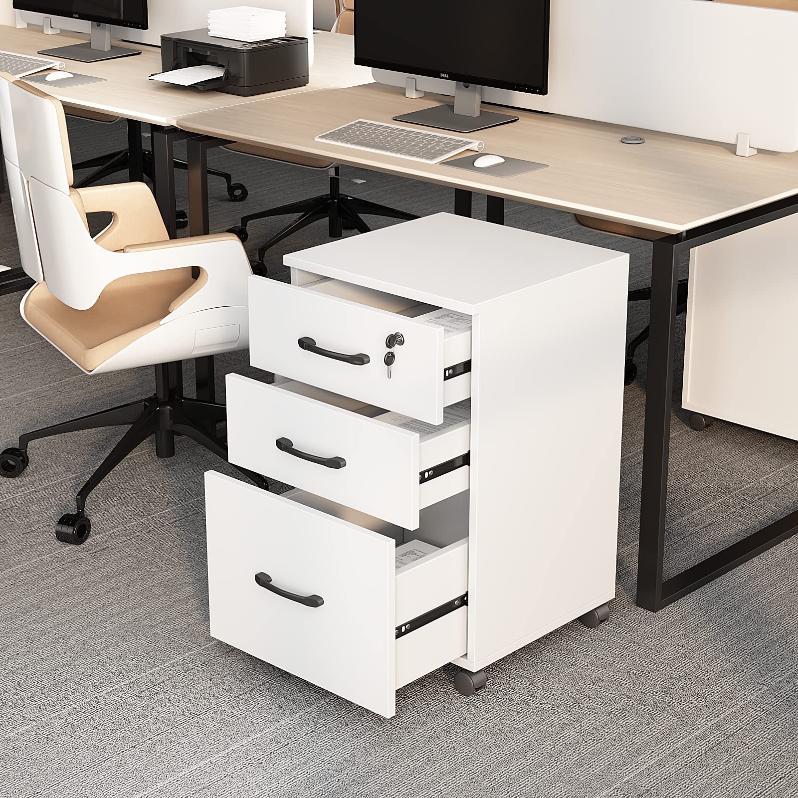 YQ JENMW 3 Drawers File Cabinet, Rolling Mobile Vertical Filing Cabinet with Lock, Wood Under Desk File Cabinet with Wheels for Supplies Files, and Materials,Mobile File Cabinet for Home Office,White