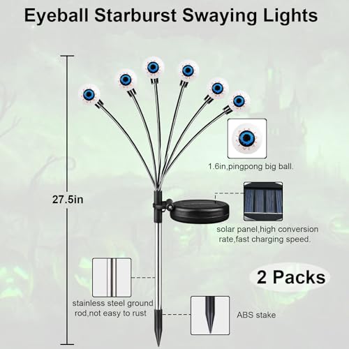 Halloween Decorations Outdoor Solar Lights, 2PACKS 12LED Green Eyeball Swaying Firefly Lights, Waterproof Solar Halloween Pathway Lights for Yard, Garden, Lawn, Lawn, Party