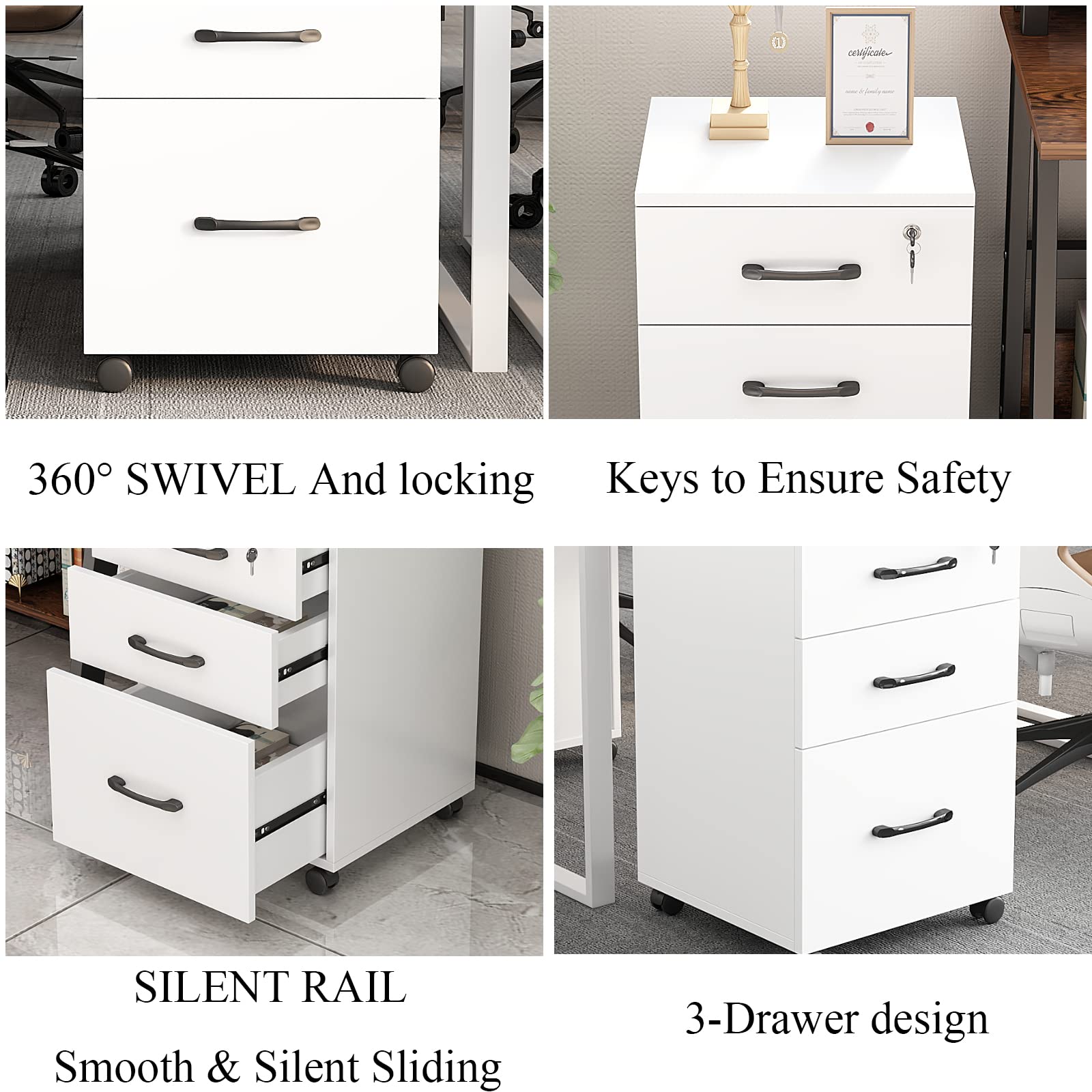 YQ JENMW 3 Drawers File Cabinet, Rolling Mobile Vertical Filing Cabinet with Lock, Wood Under Desk File Cabinet with Wheels for Supplies Files, and Materials,Mobile File Cabinet for Home Office,White