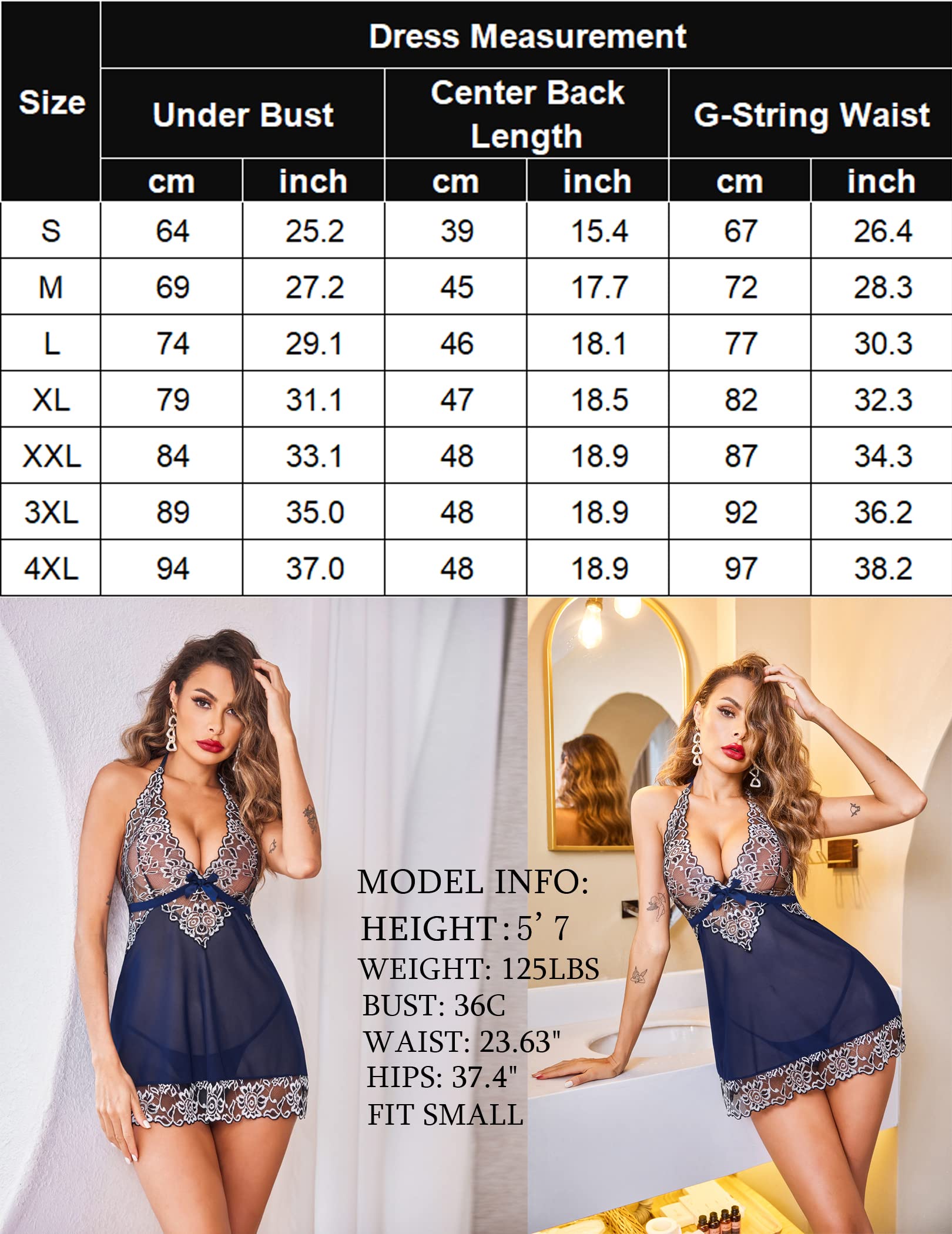 Avidlove Women's Sexy Lingerie Deep V Babydoll Lingerie Embroidered Nightdress, Navy Blue M
