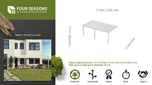 Four Seasons Outdoor Living Solutions Optima Series 22X12ft High-Grade Aluminum Attached Solid Outdoor Patio Cover Awning, 3 Posts, 20 Lb. Snow Load, White