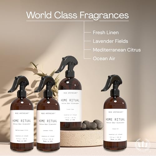 Muse Apothecary Home Ritual Active Odor Eliminator Spray - Furniture Deodorizer & Bathroom Odor Eliminator - Essential Oil Air Freshener - 4oz, Mediterranean Citrus