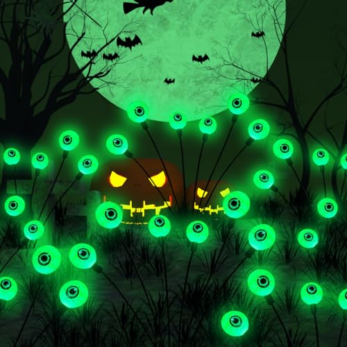 Halloween Decorations Outdoor Solar Lights, 2PACKS 12LED Green Eyeball Swaying Firefly Lights, Waterproof Solar Halloween Pathway Lights for Yard, Garden, Lawn, Lawn, Party