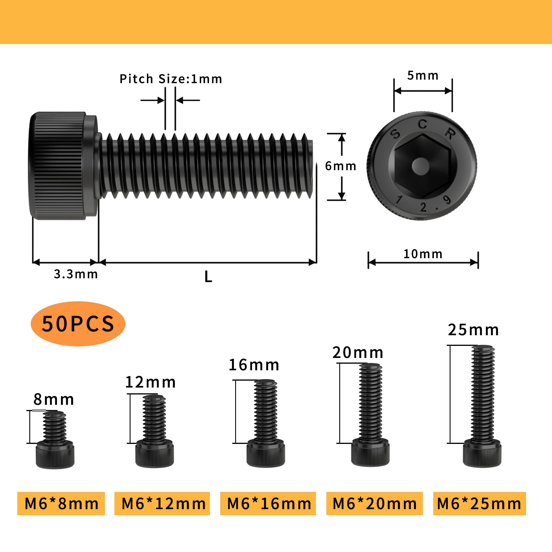 Cicidorai M6 x 8mm 12mm 16mm 20mm 25mm Hex Socket Head Cap Screws Bolts, 12.9 Grade Alloy Steel, Black Oxide Finish, Fully Threaded, Metric Allen Hex Drive, Assortment Kit 50Pcs