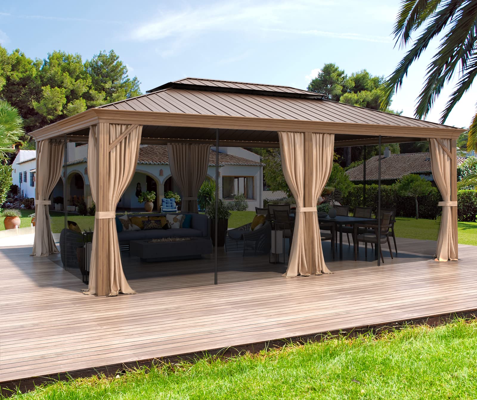 MELLCOM 14'x20' Gazebo, Galvanized Steel Double Roof with Wood Grain Aluminum Frame, Outdoor Permanent Metal Pavilion with Curtains and Nettings for Patio, Backyard and Deck