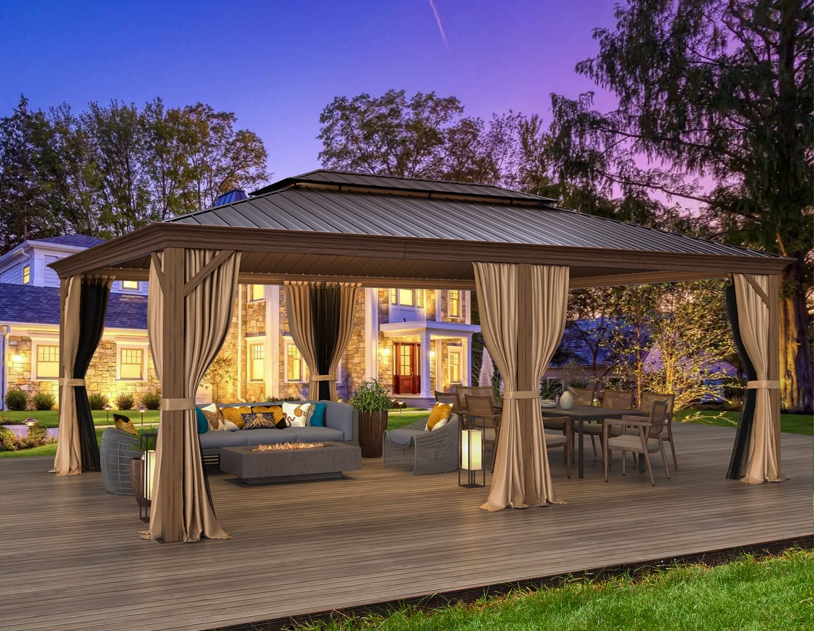 MELLCOM 14'x20' Gazebo, Galvanized Steel Double Roof with Wood Grain Aluminum Frame, Outdoor Permanent Metal Pavilion with Curtains and Nettings for Patio, Backyard and Deck