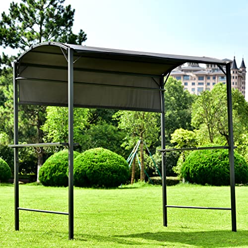 7' x 4.5' Grill Gazebo, Outdoor BBQ Canopy with Side Awning, Steel Double Tiered Grill Canopy Tent with Shelves and Hooks for Patio and Backyard, Gray